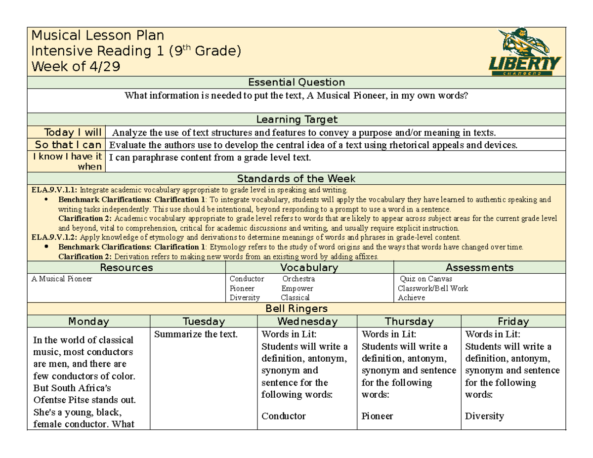 A Musical Pioneer - study guide - Musical Lesson Plan Intensive Reading ...