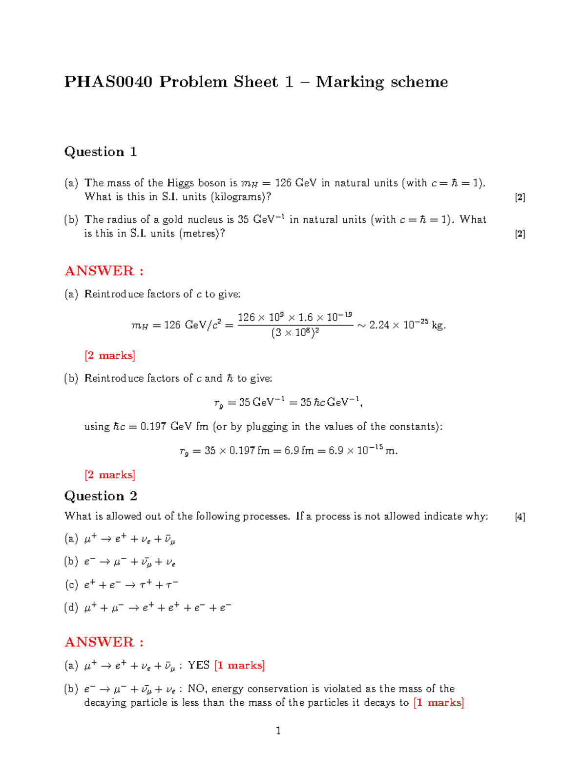PST 1 SOLUTIONS 2024 - PHAS0040 Problem Sheet 1 – Marking scheme ...