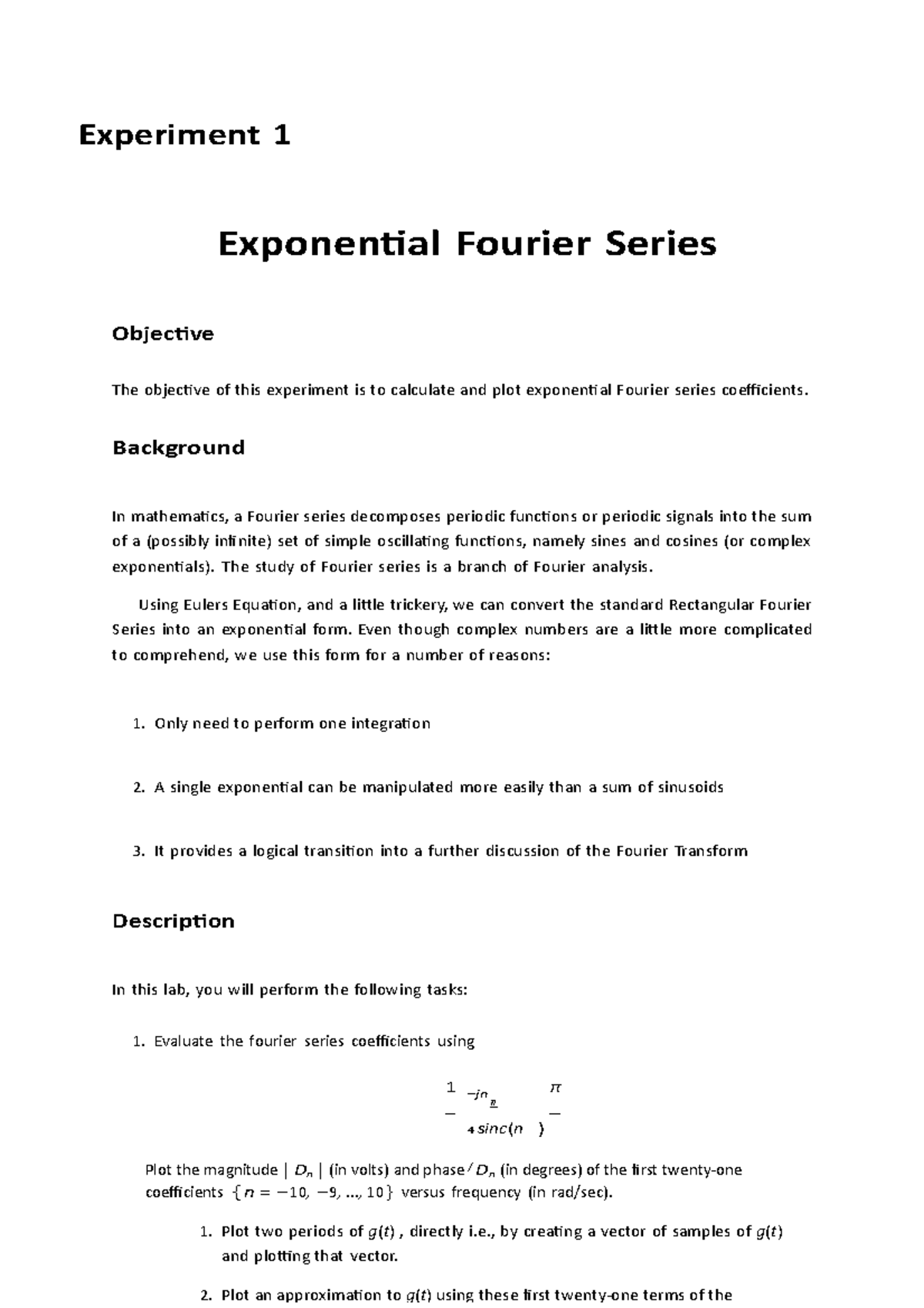 Experiment LAB ADC1 - Matlab Code for Fourier Series - Experiment 1 ...