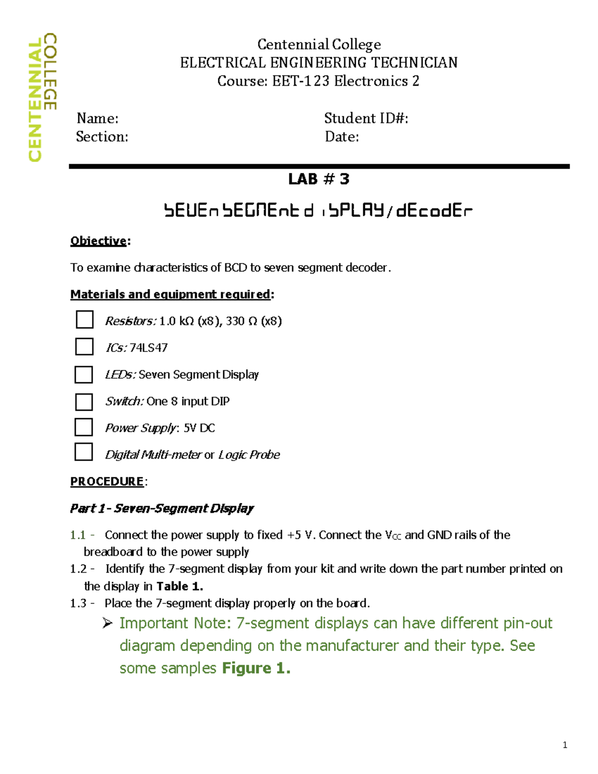 EET123 LAB 3 Seven Segment Decoder 2021 - Centennial College ELECTRICAL ...