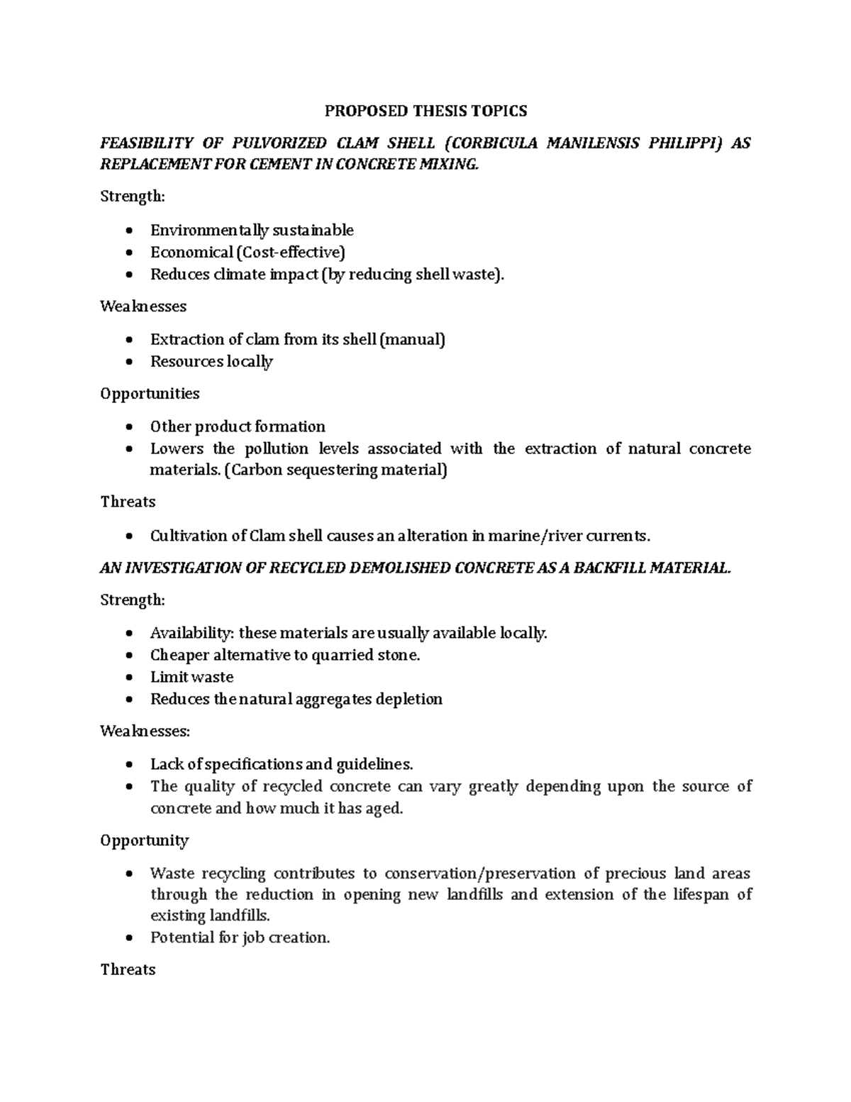 Proposed- Thesis- Topics - PROPOSED THESIS TOPICS FEASIBILITY OF ...