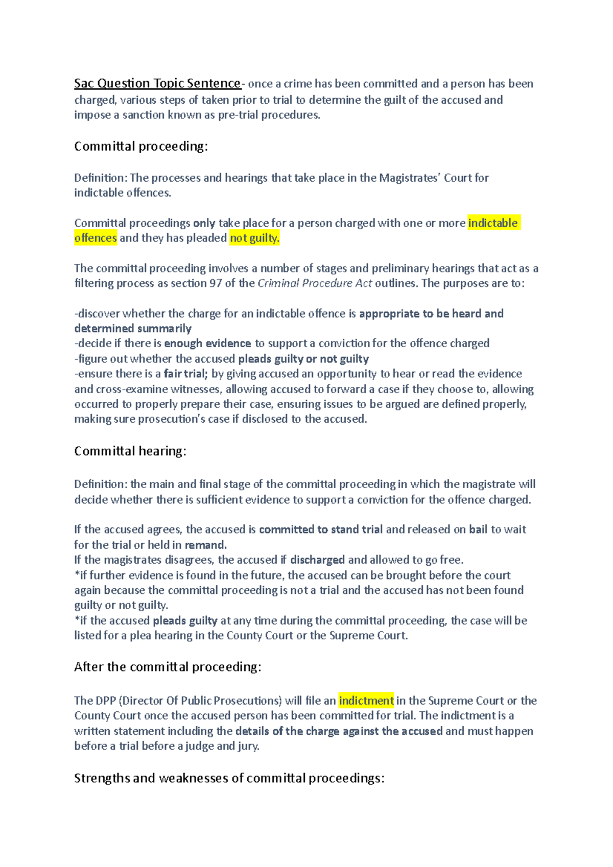 1.6 the purposes of committal proceedings - Sac Question Topic Sentence ...