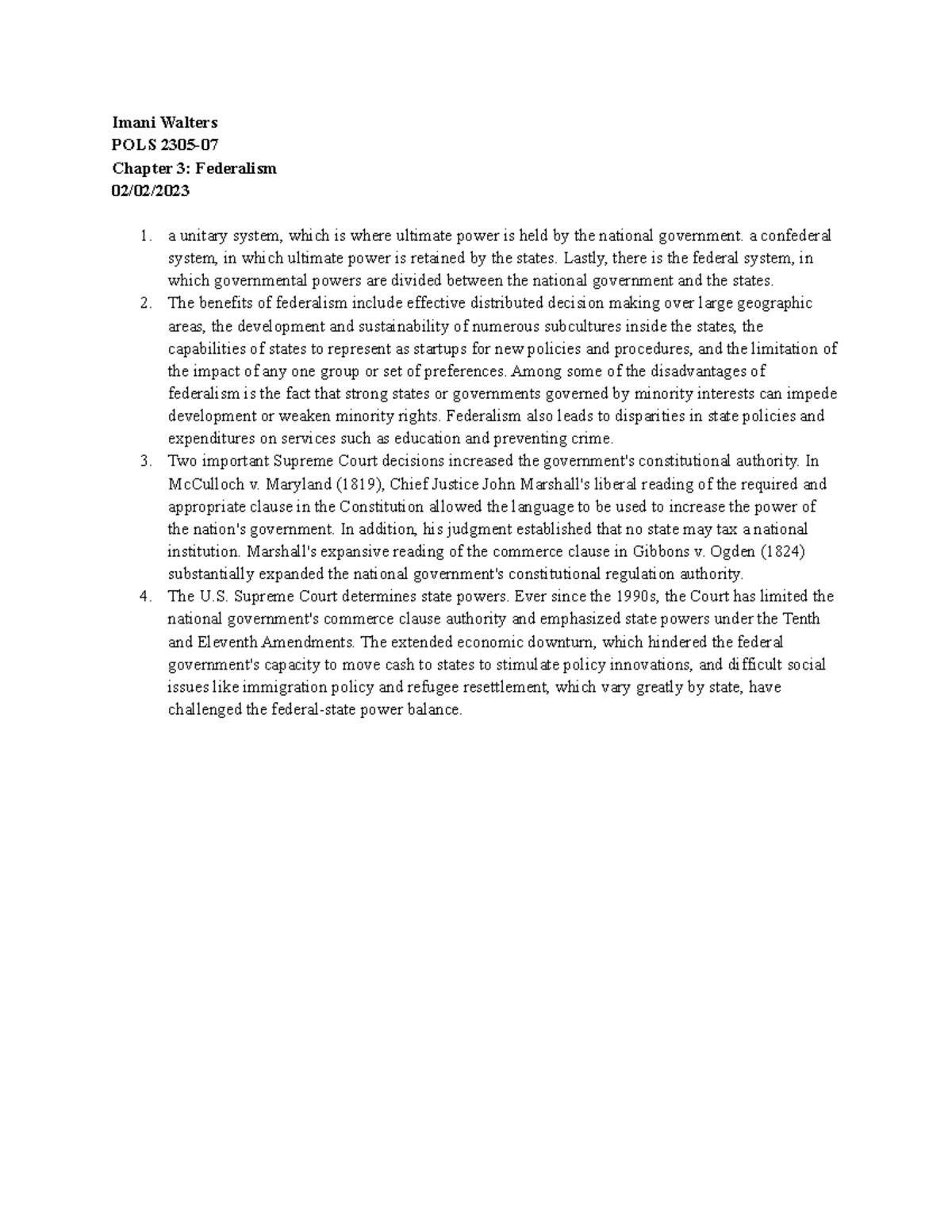 Chapter 3 summary - Imani Walters POLS 2305- Chapter 3: Federalism 02 ...
