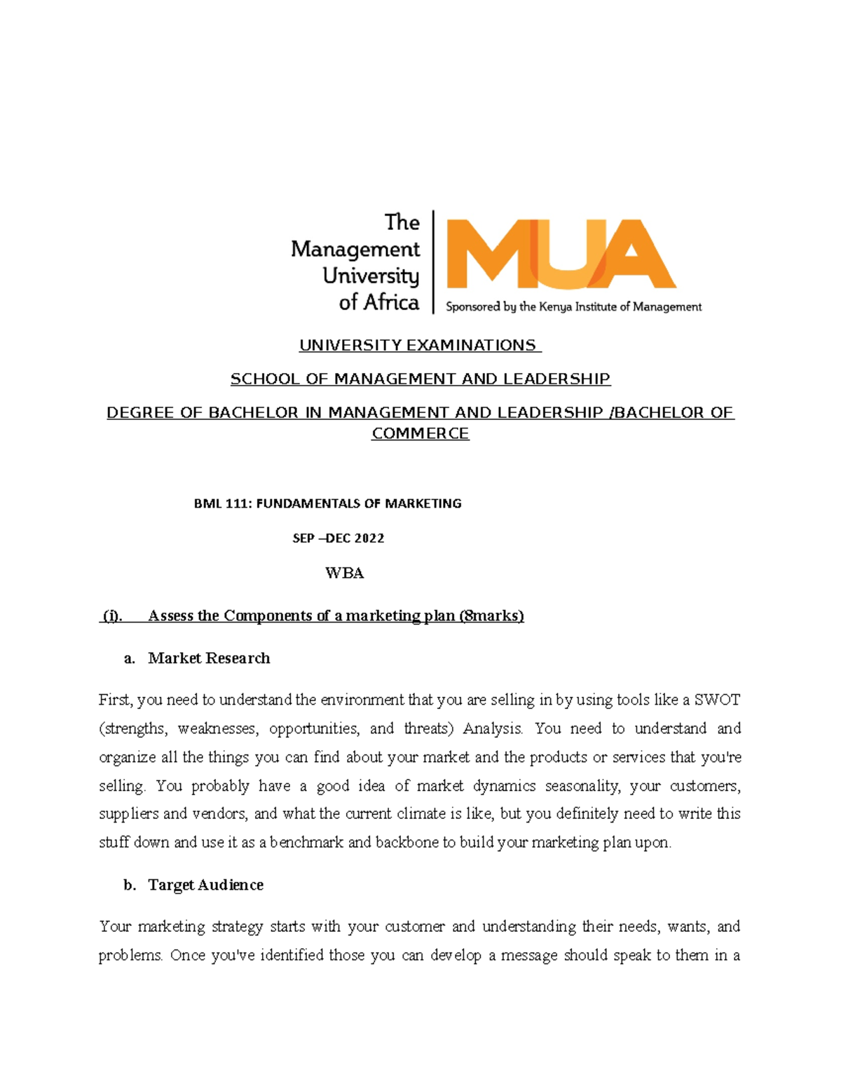 BML 111 WBA SEP - DEC 2022 - UNIVERSITY EXAMINATIONS SCHOOL OF ...