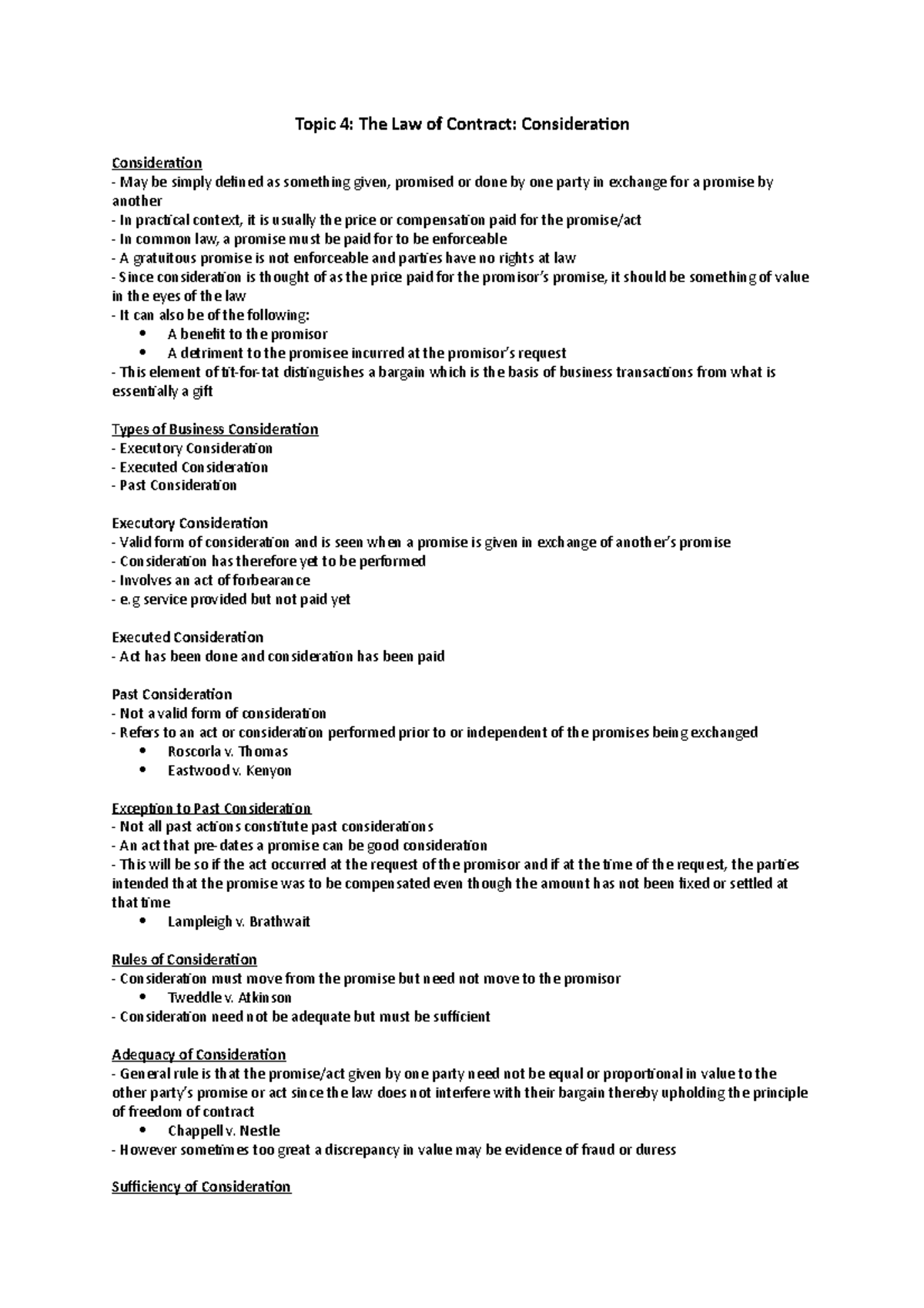 Topic four notes - Topic 4: The Law of Contract: Consideration ...