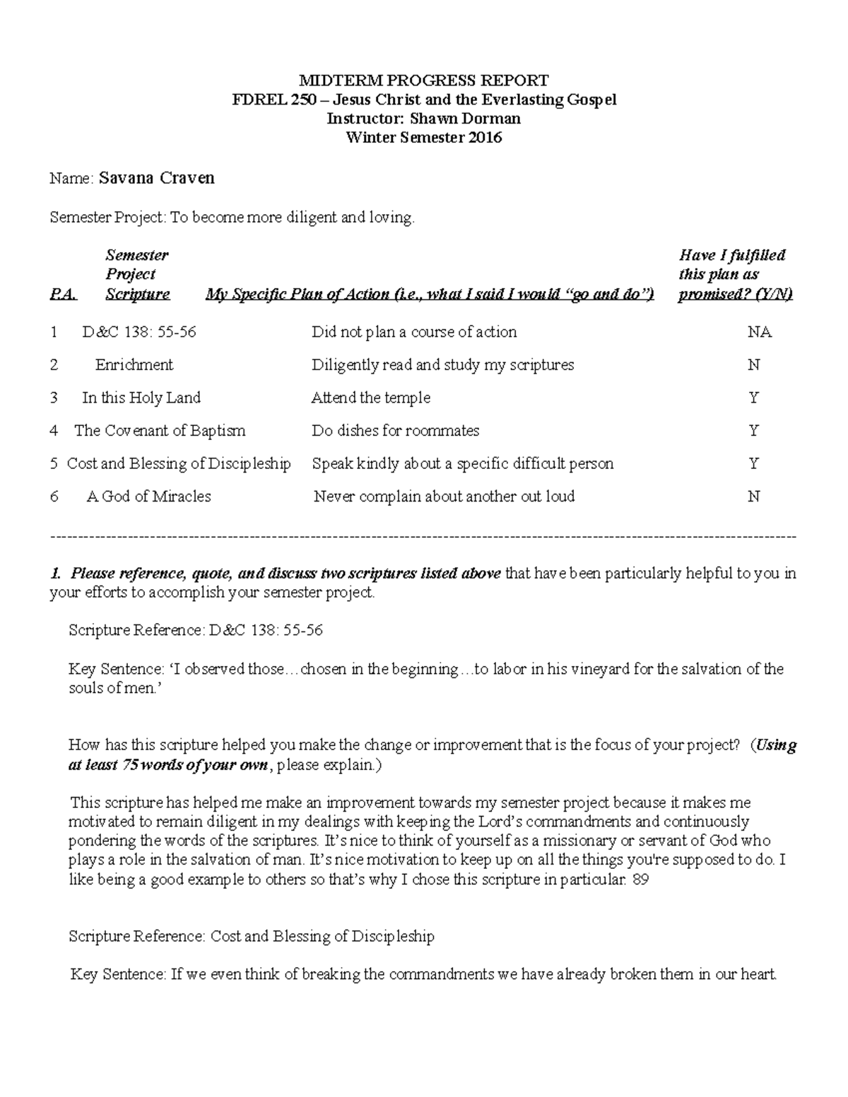 Midterm Report - MIDTERM PROGRESS REPORT FDREL 250 – Jesus Christ and ...