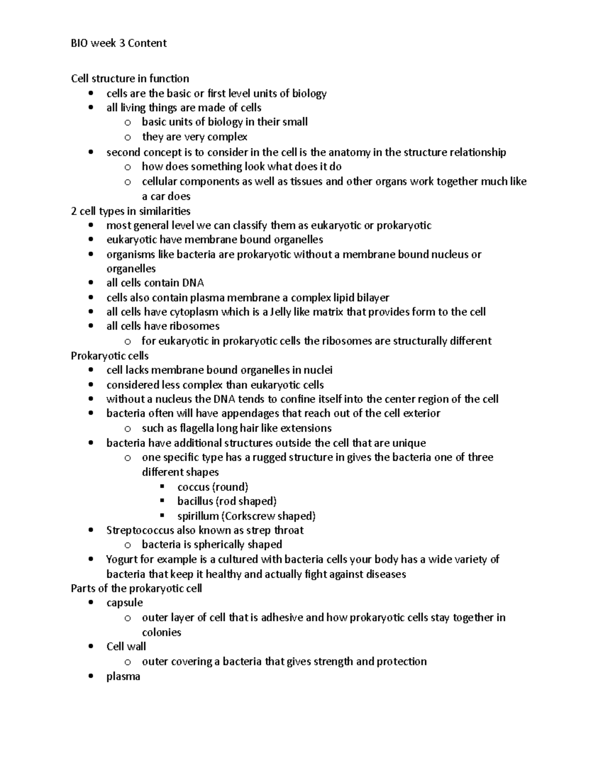 BIO week 3 content - notes - BIO week 3 Content Cell structure in ...