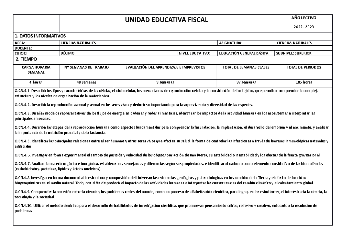 PCA 10MO CCNN - planes de estudio - UNIDAD EDUCATIVA FISCAL AÑO LECTIVO 2022- 2023 1. DATOS ...