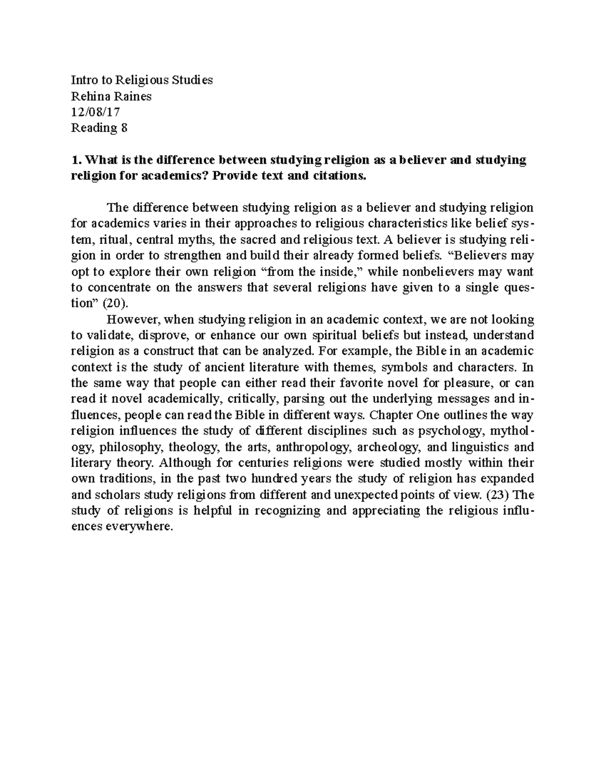 Primary Source Reading 8 - Intro to Religious Studies Rehina Raines 12 ...