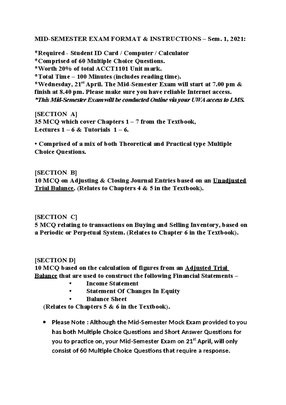 (2021) ACCT1101 Mid-Semester Exam Format & Instructions - Semester 1 ...