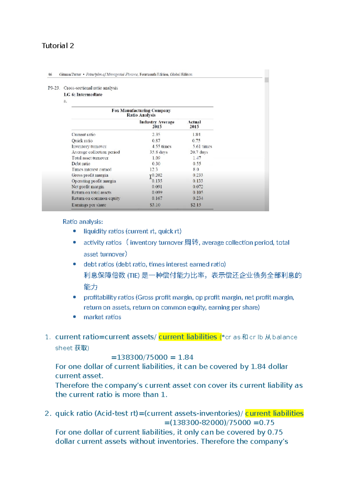 tutorial 2-Principles of Managerial Finance - Tutorial 2 Ratio analysis: liquidity ratios ...