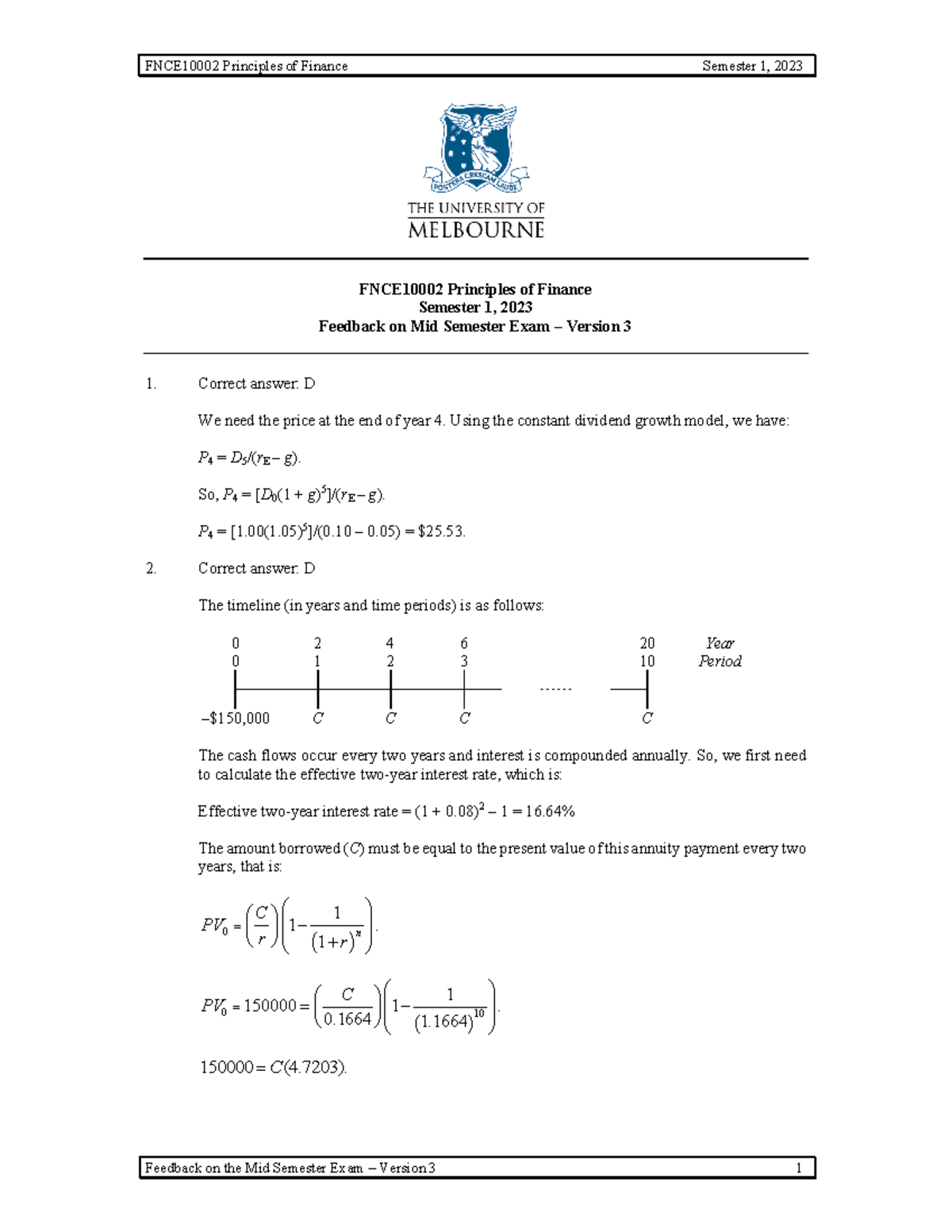 Mid23 Sem1 Ver3 Ans - good! - FNCE10002 Principles of Finance Semester ...