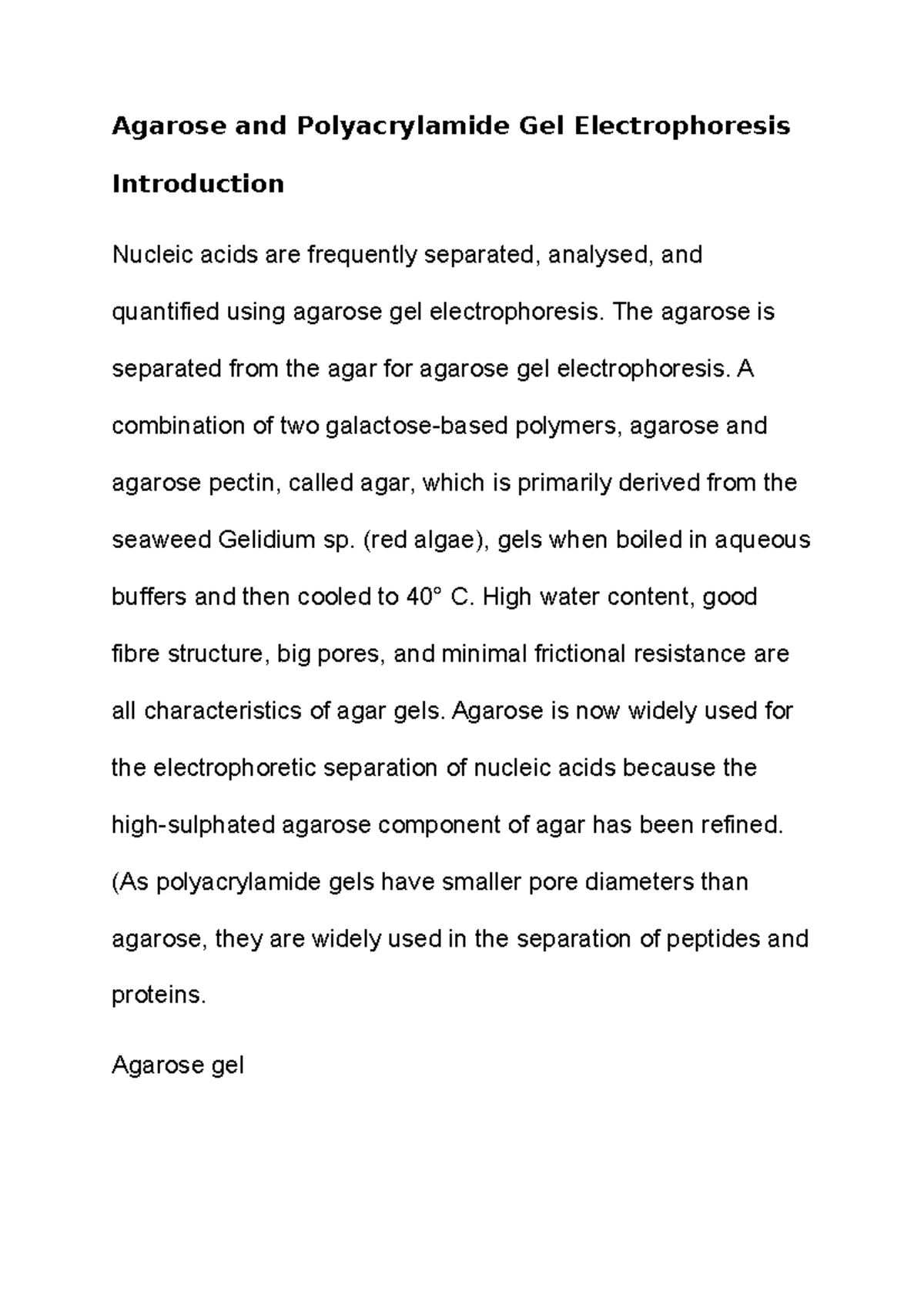 Agarose and Polyacrylamide Gel Electrophoresis Introduction - Agarose ...