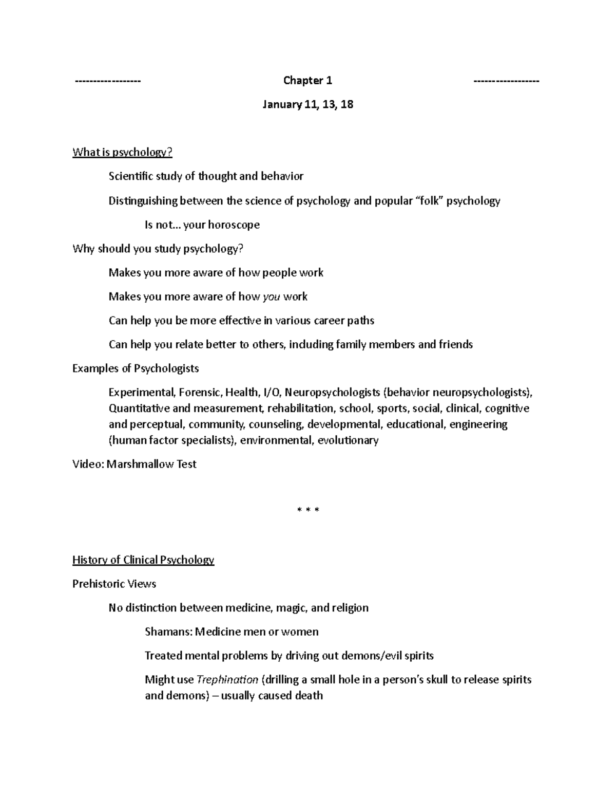 Ch 1 Intro to Psychology - Chapter 1 January 11, 13, 18 What is ...