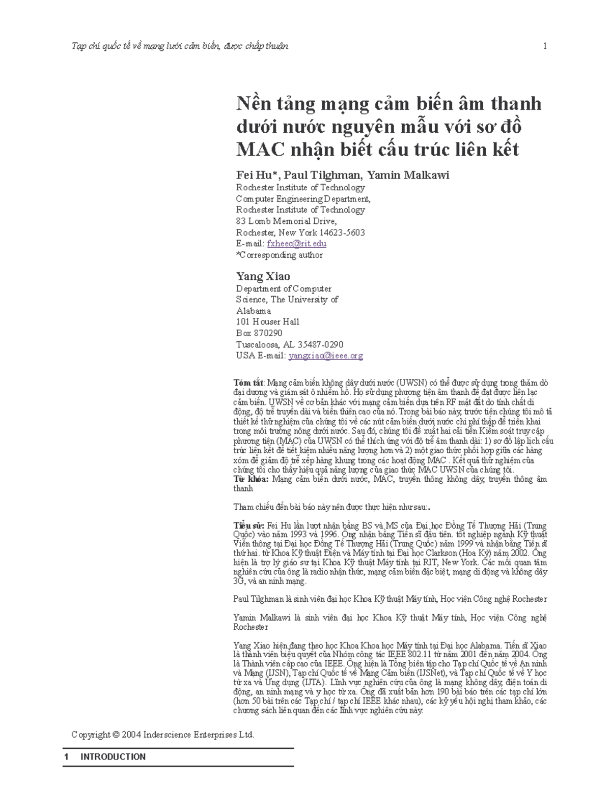 IJSNet Underwater MAC - abc - Tạp chí quốc tế về mạng lưới cảm biến, được chấp thuận 1 Nền tảng ...