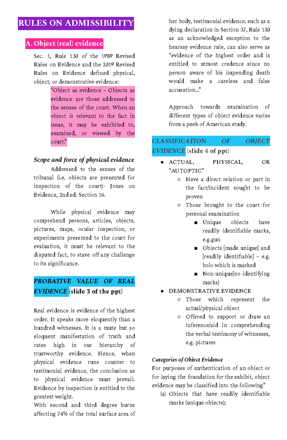 Evidence - RULES ON ADMISSIBILITY A. Object (real) evidence Sec. 1 ...
