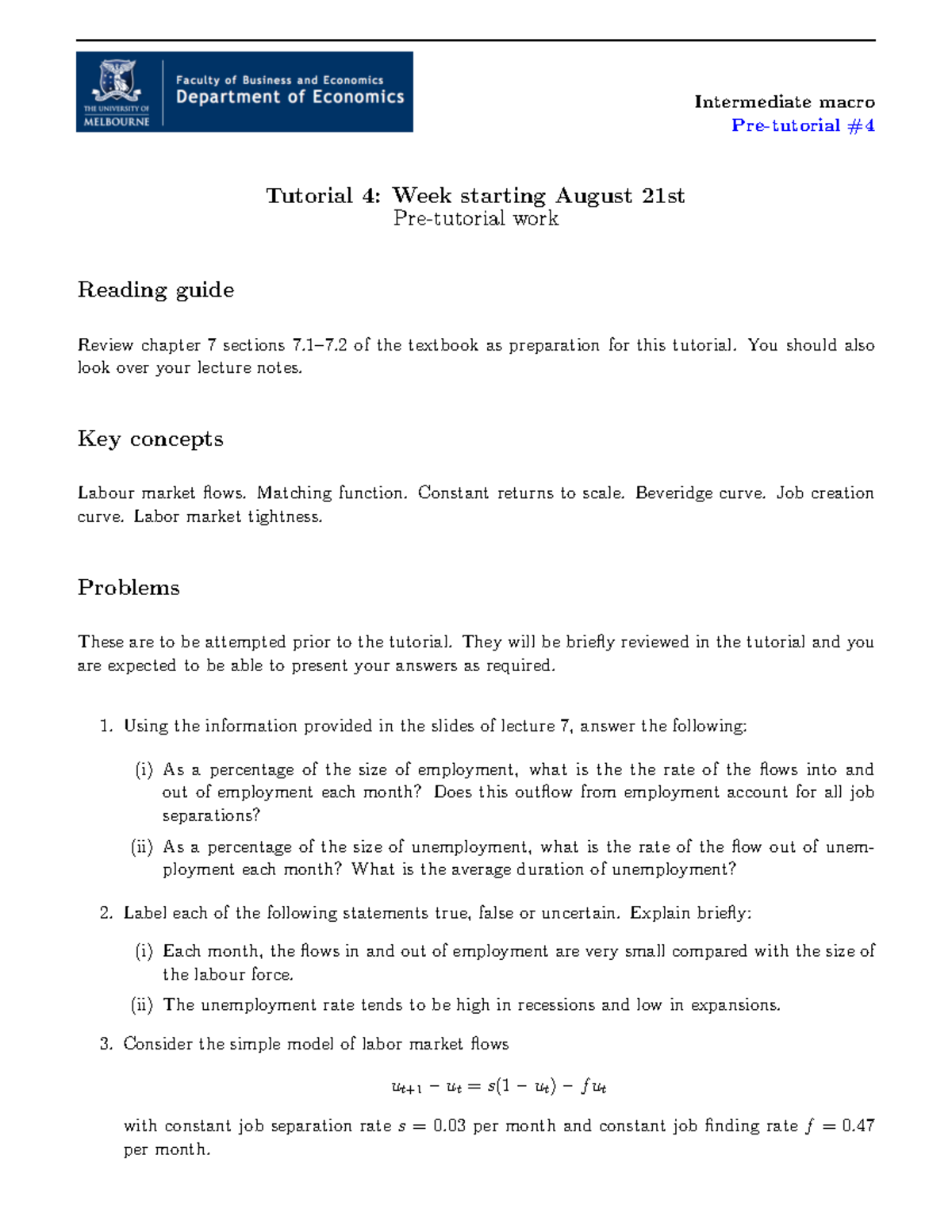 ECON - TUTE - Intermediate macro Pre-tutorial # Tutorial 4: Week starting August 21st Pre ...