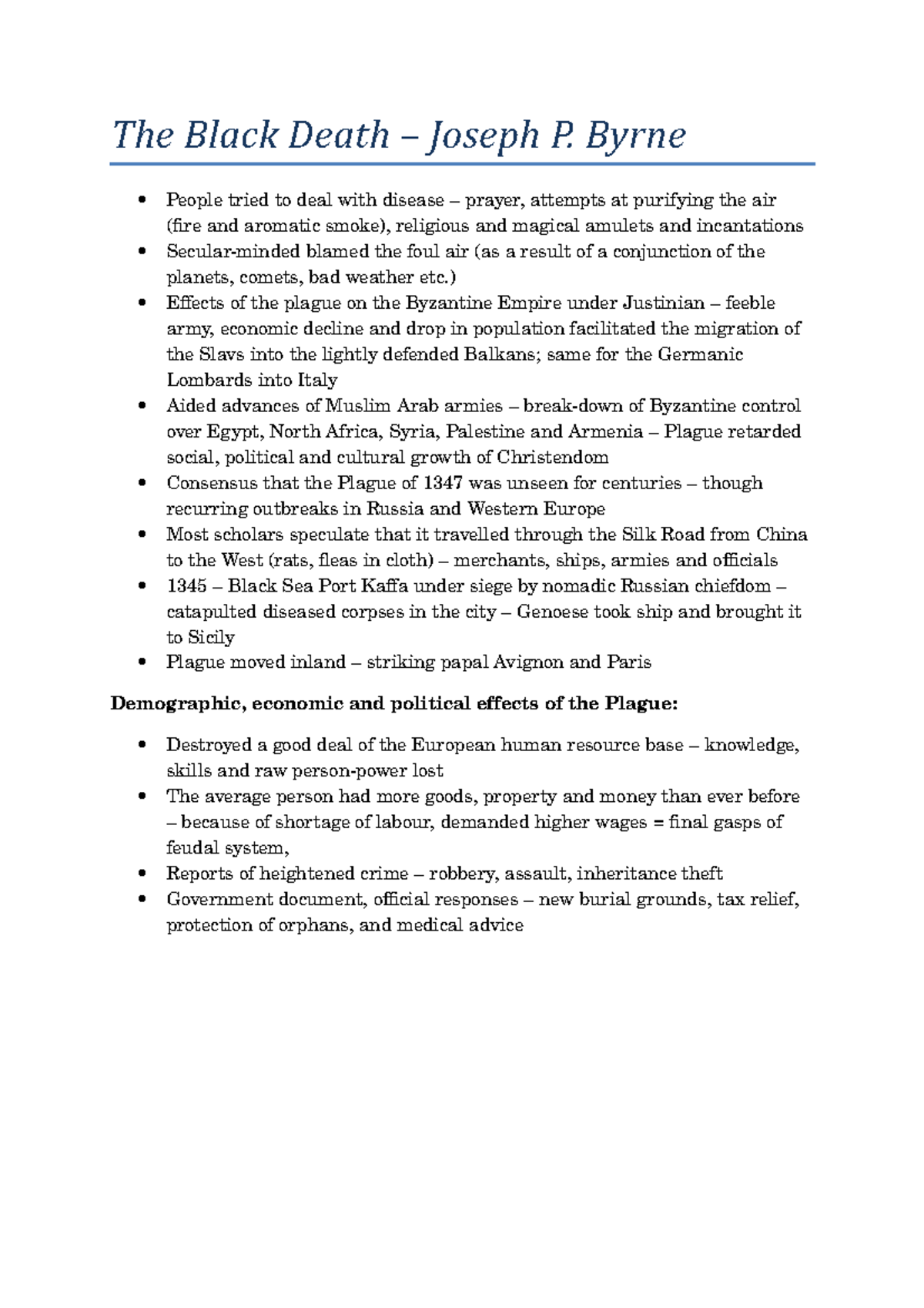 Summary - article "The Black Death" - Joseph B. Pyrne - The Black Death ...