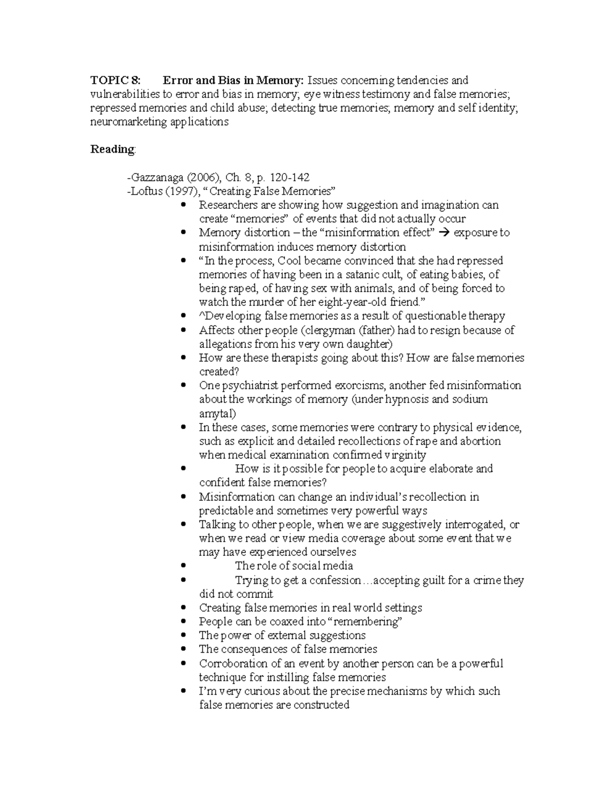 Topic 8 Memory - Outline for Lecture 8 - TOPIC 8: Error and Bias in ...
