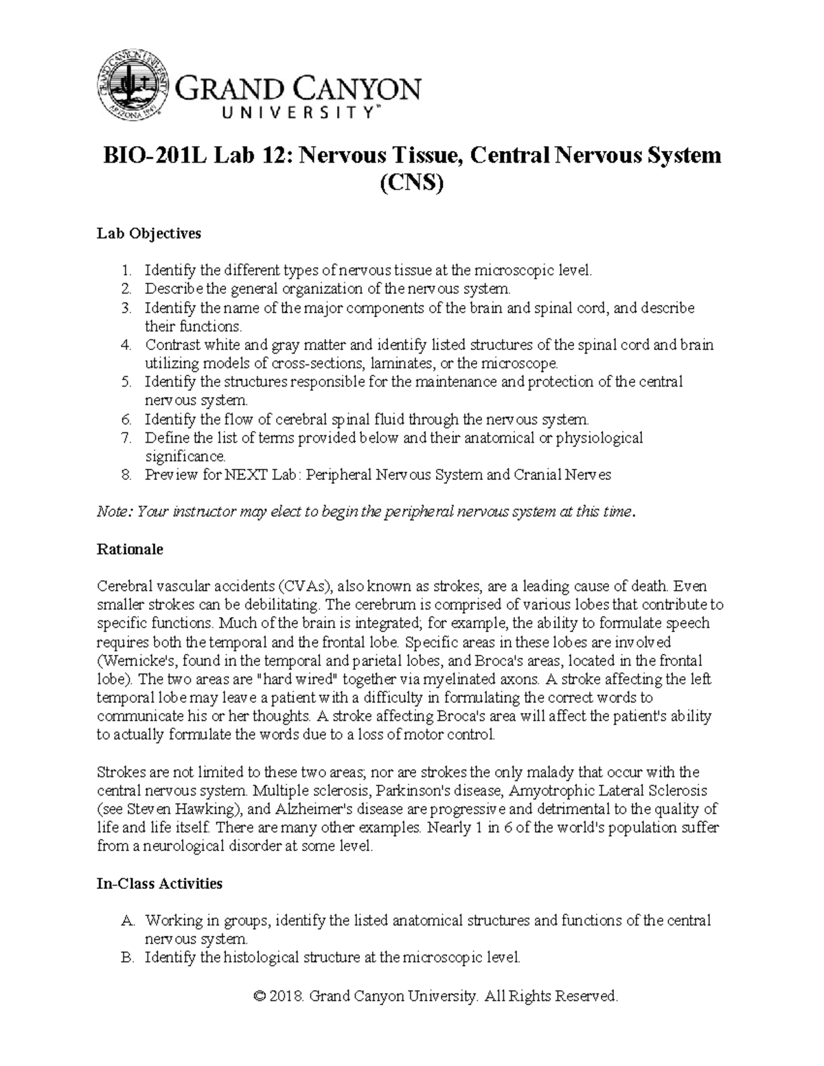 BIO-201L - Lab 12 Nervous Tissue And CNS - BIO-201L Lab 12: Nervous ...