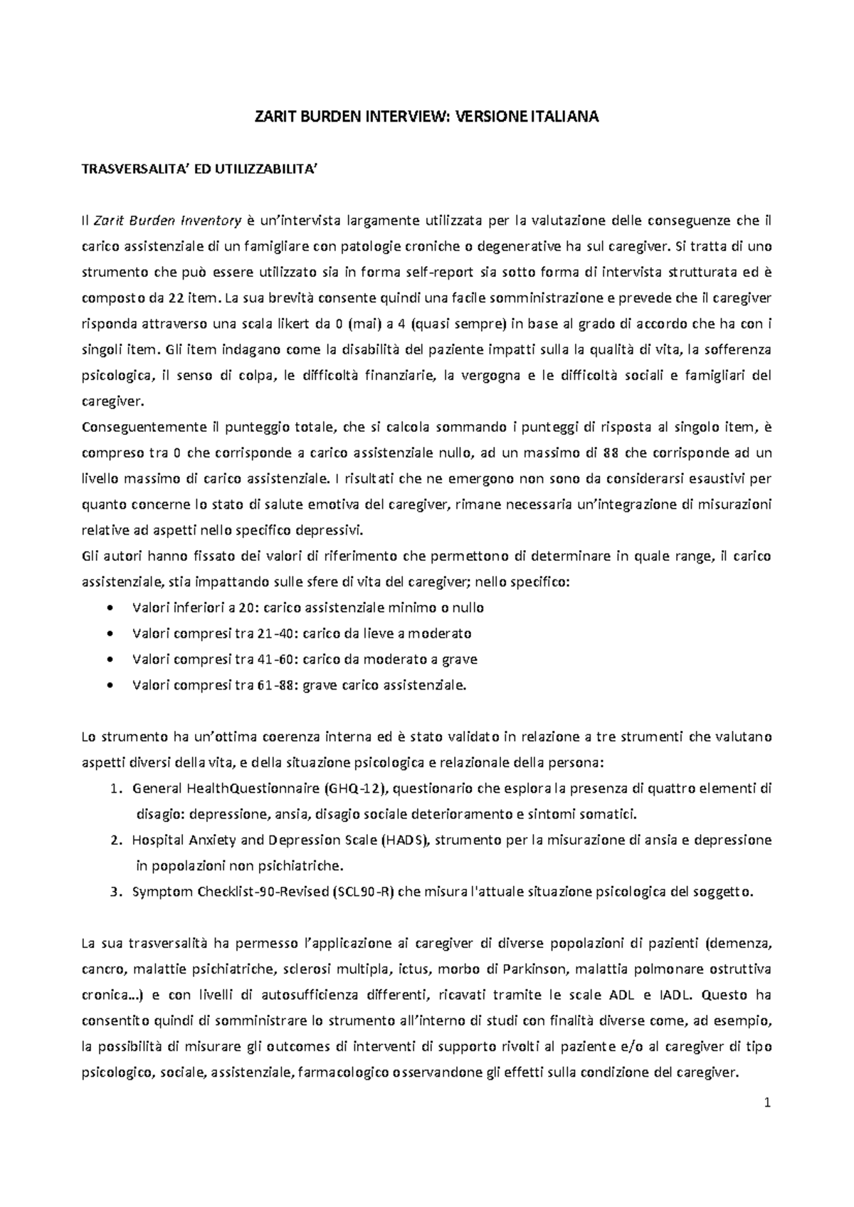 Elementi esplicativi Zarit Burden Interview - 1 ZARIT BURDEN INTERVIEW ...