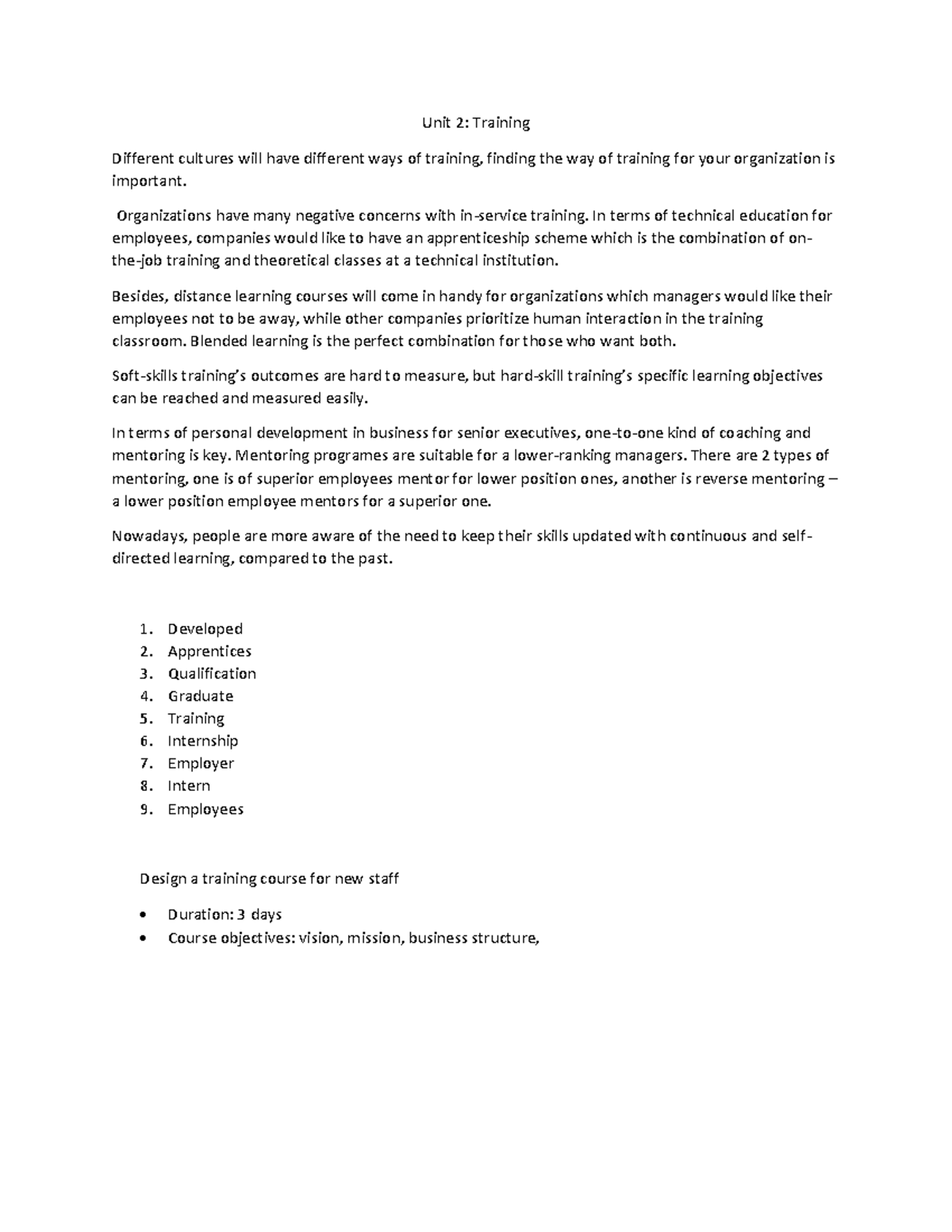 Summary - Unit 2: Training Different cultures will have different ways ...