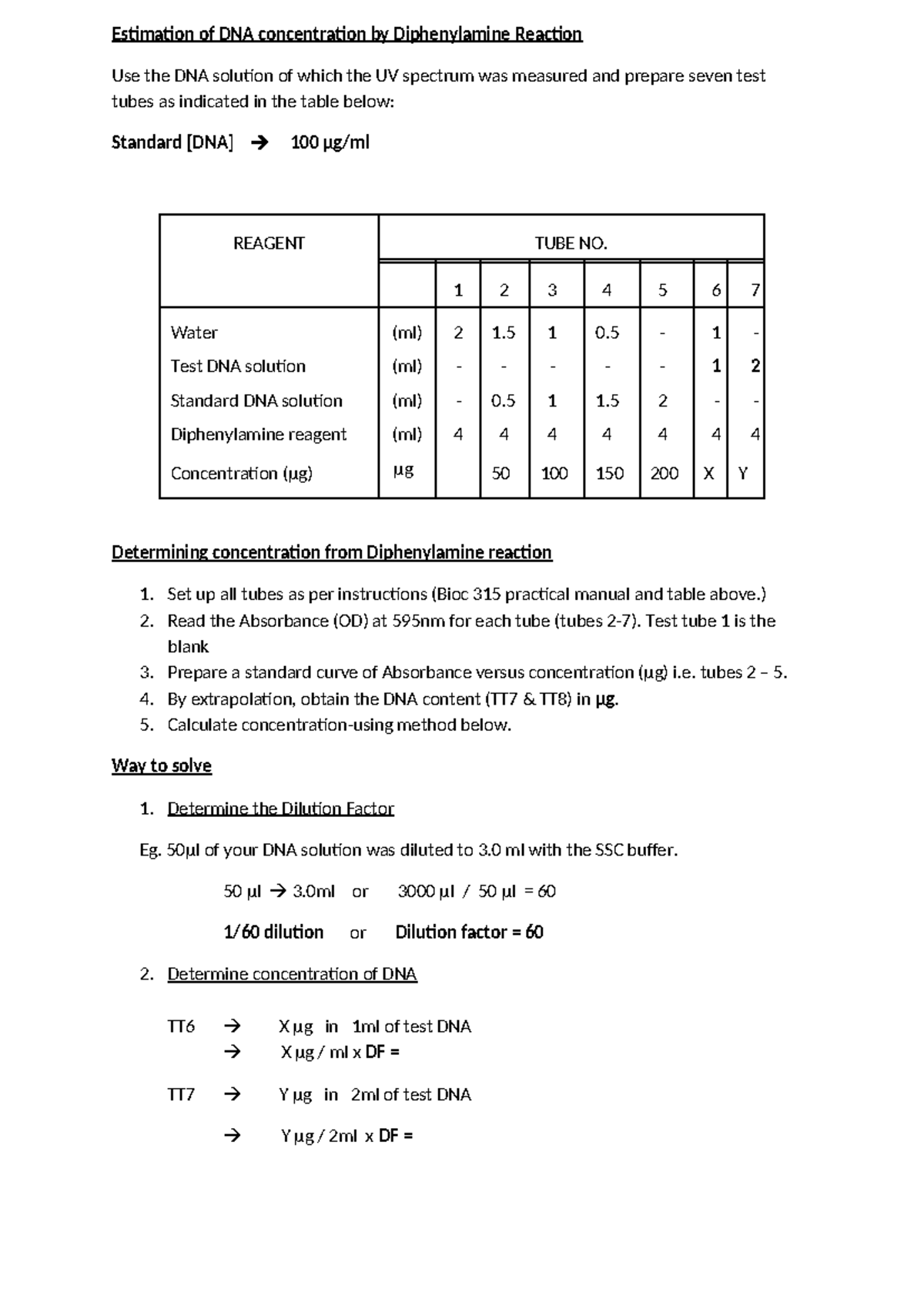 Determination of DNA- Diphenylamine reaction - guide to calculations ...