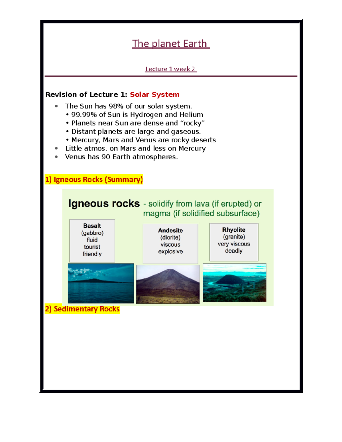 Lecture 1 week 2 (done0 - The planet Earth Lecture 1 week 2 Revision of ...