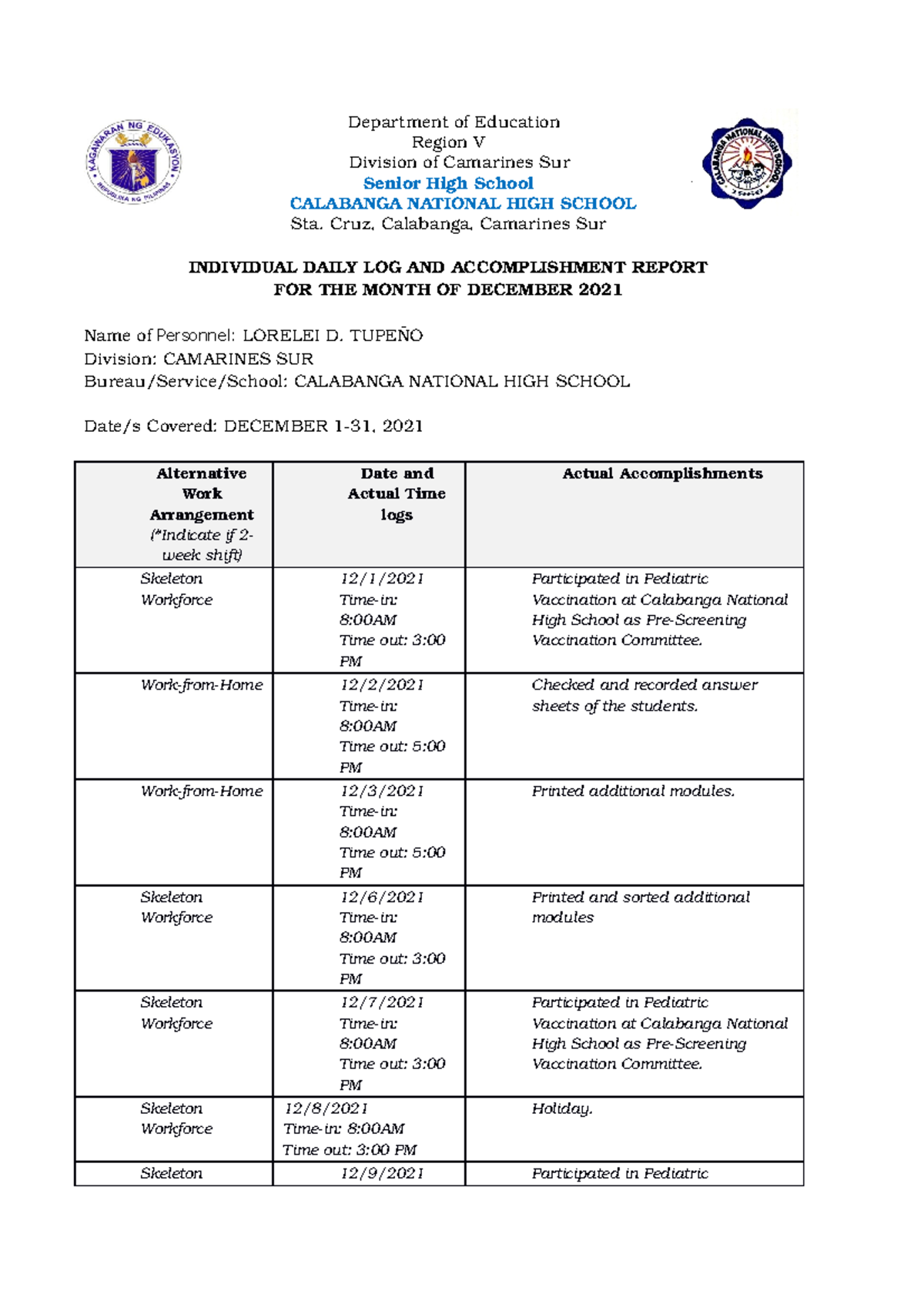 The Definitive Time Allotment of Teachers for the Month of December ...