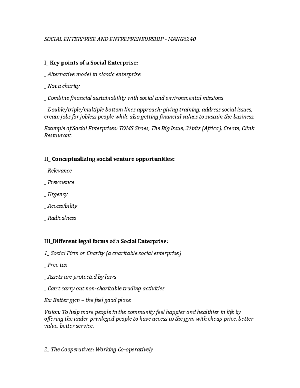Social Enterprise and Entrepreneurship - Lecture notes, lectures 1,3 ...