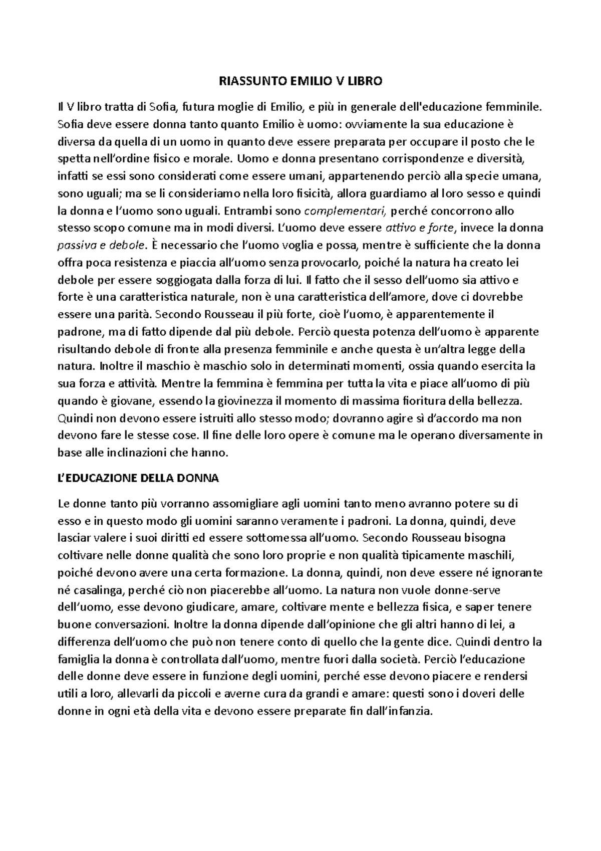 Riassunto Emilio V Libro DI Rousseau - RIASSUNTO EMILIO V LIBRO Il V ...