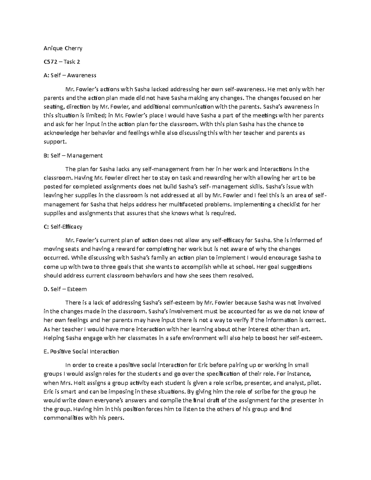 C572 Task 2 (self-awareness, self-management, self-efficacy, self ...