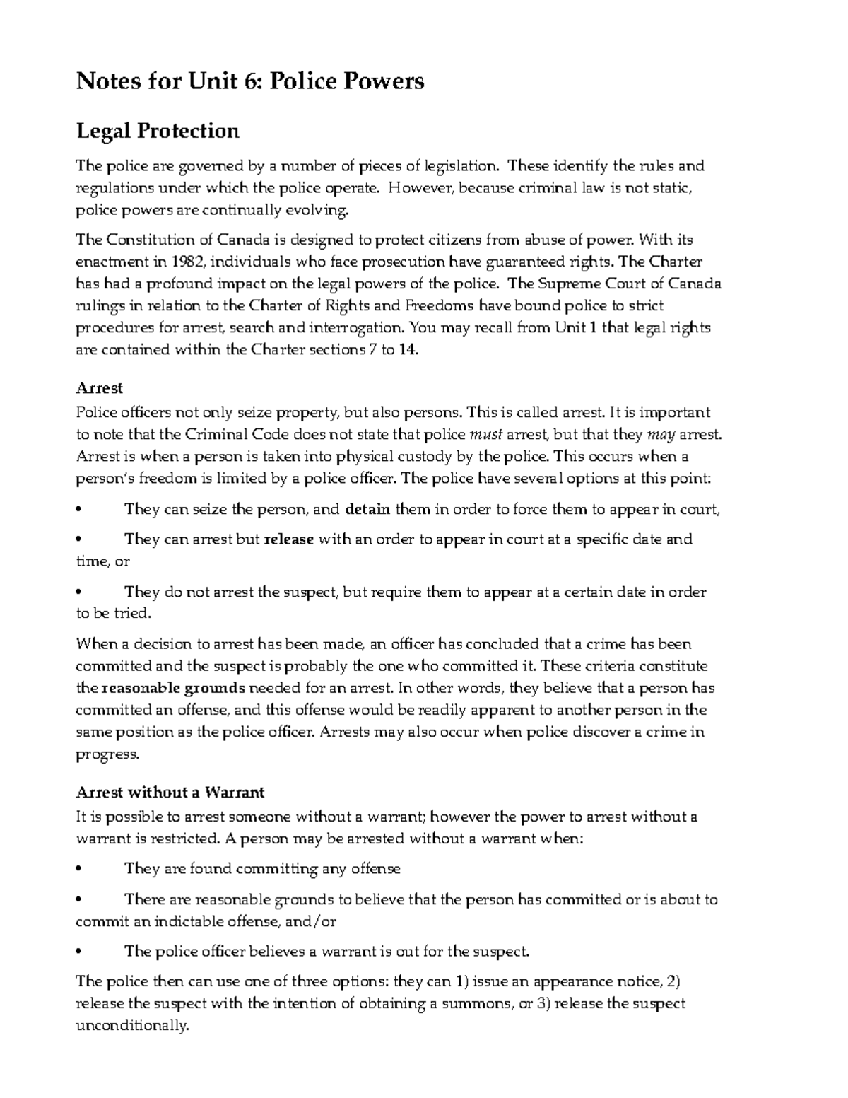 Unit 6 Notes - Notes for Unit 6: Police Powers Legal Protection The ...