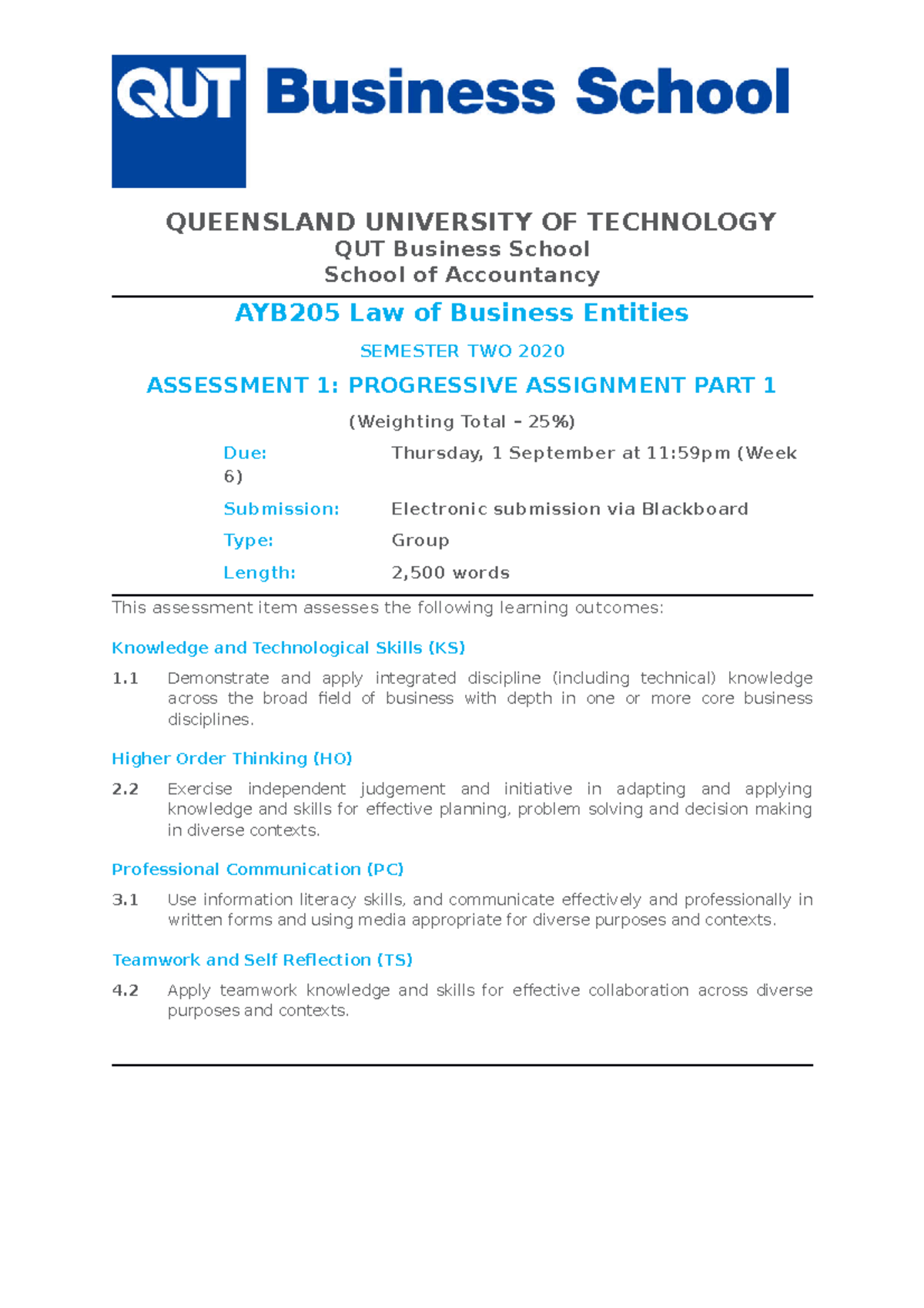 AYB205 Progressive Assignment 1 22 Final V - QUEENSLAND UNIVERSITY OF ...
