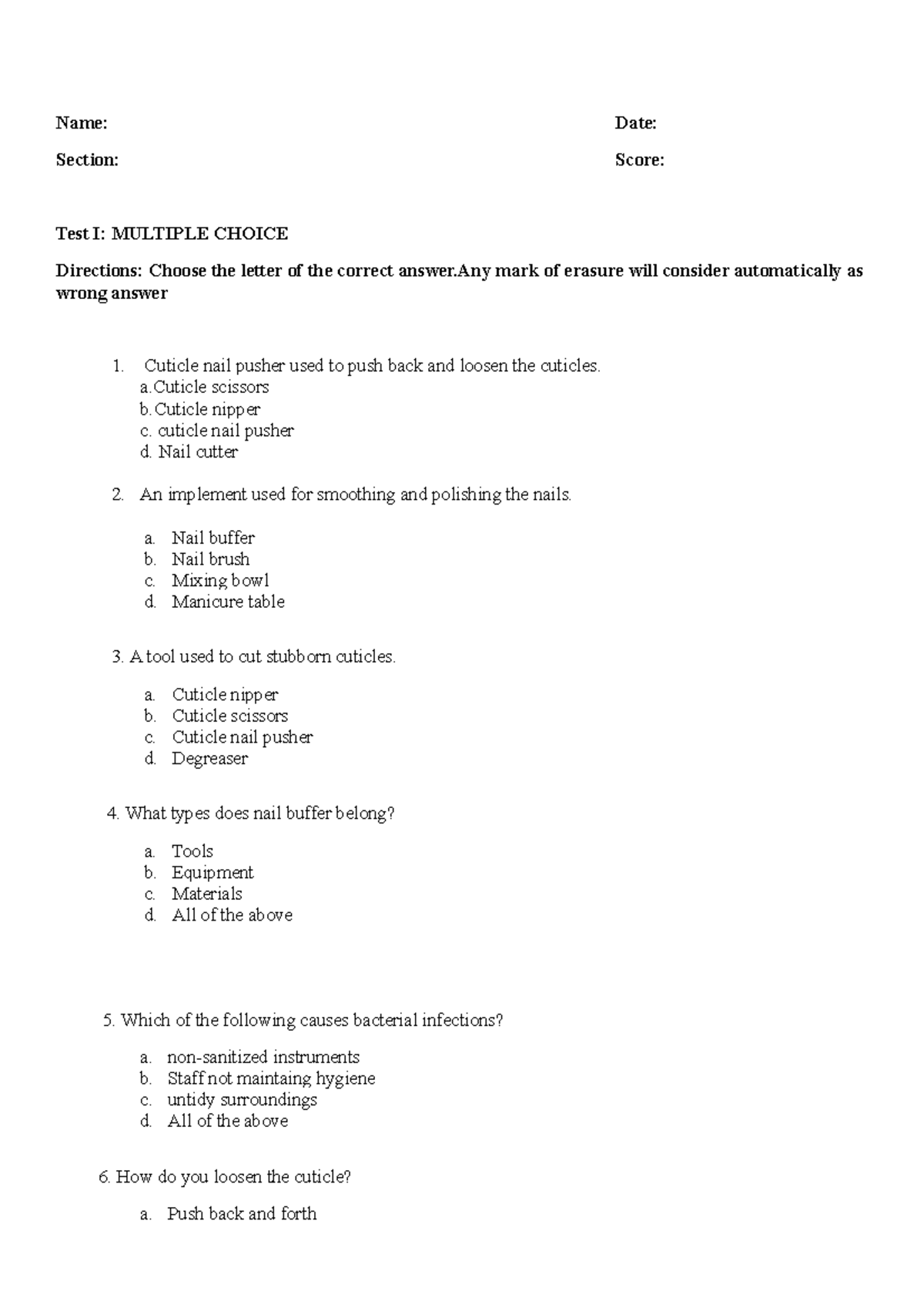 Gabrinez TQ - Task 1 - Name: Date: Section: Score: Test I: MULTIPLE ...
