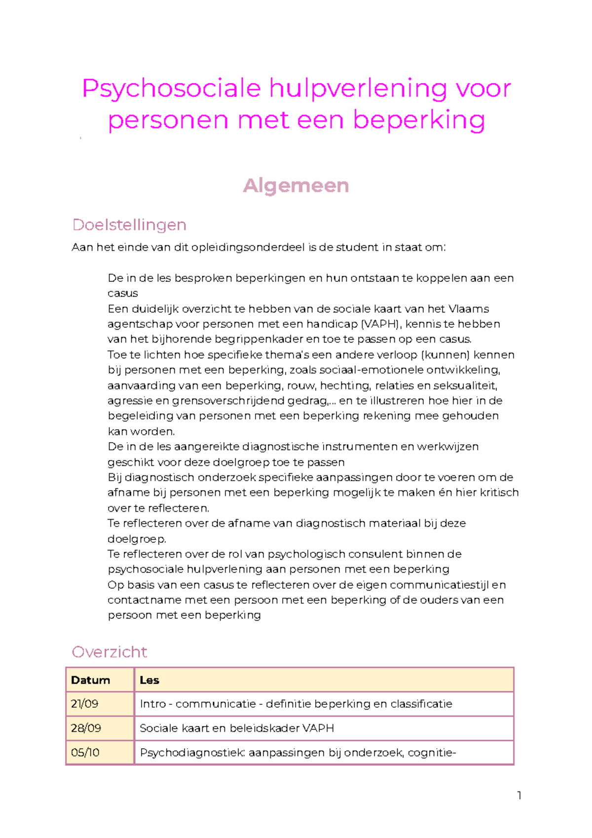 Les 1 - Notities bij les 1 - Psychosociale hulpverlening voor personen met een beperking ...