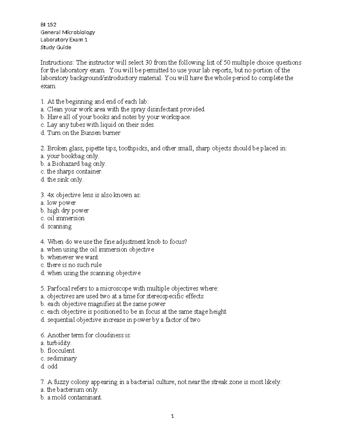 Study Guide Lab Exam 1 - General Microbiology Laboratory Exam 1 Study ...