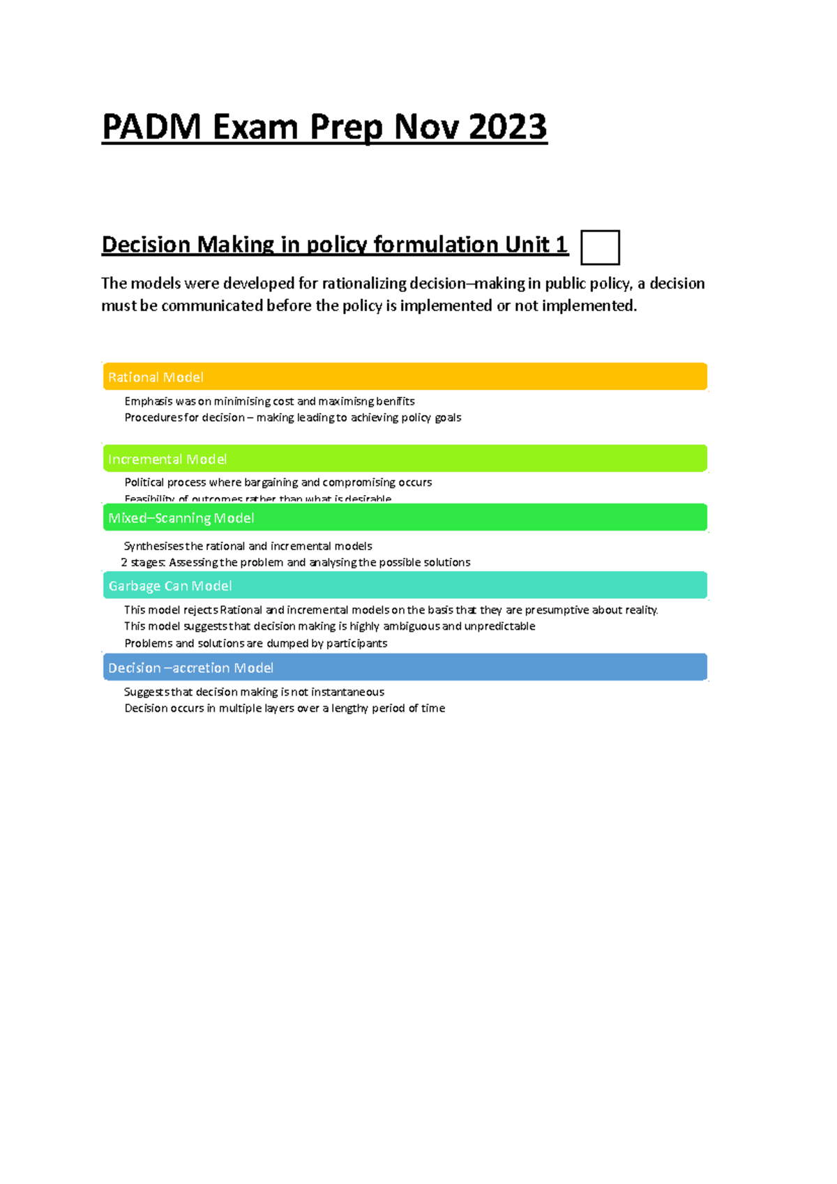 PADM Exam Prep Nov 2023 - PADM Exam Prep Nov 2023 Decision Making in ...