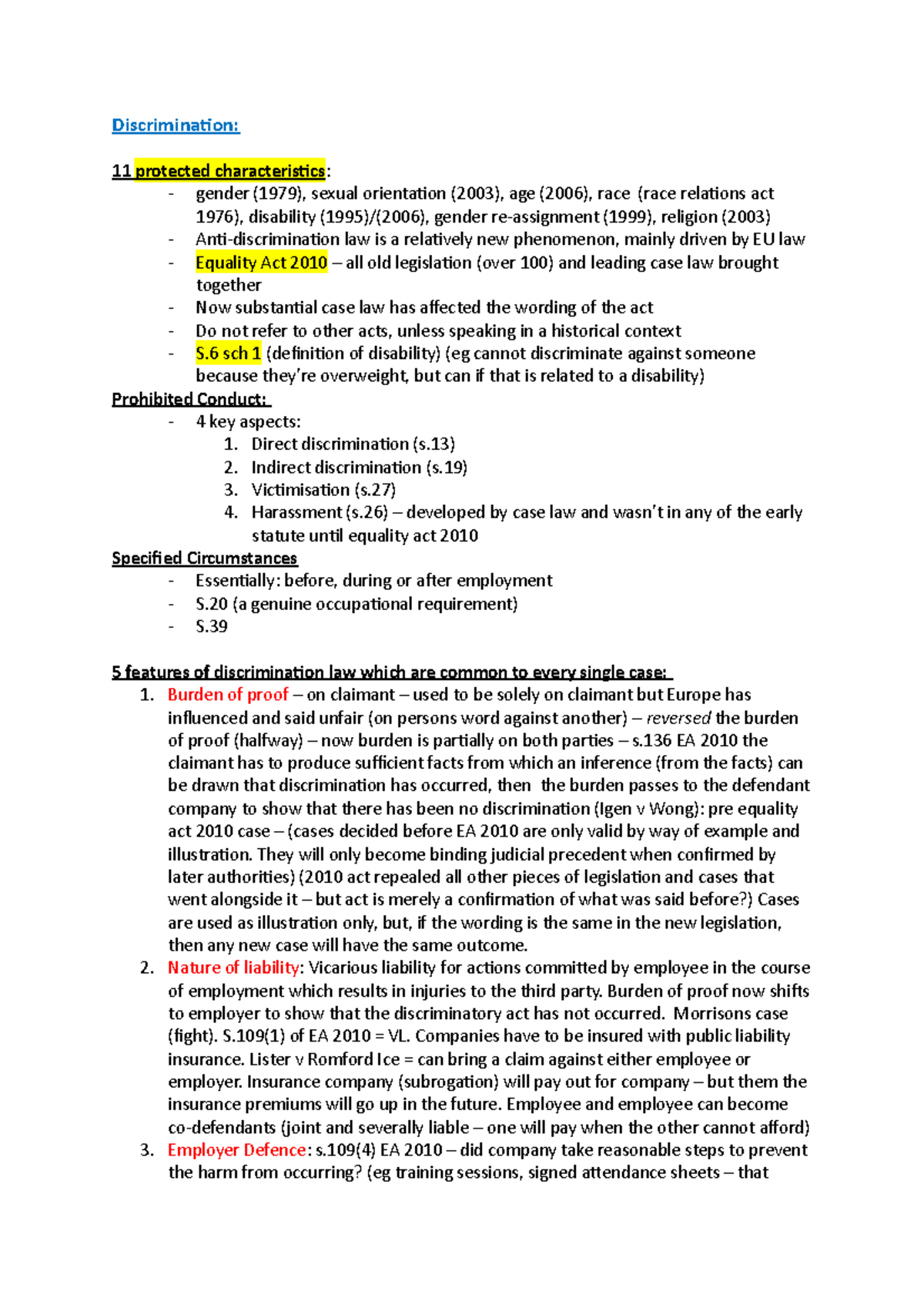 Discrimination Notes - Discrimination: 11 protected characteristics ...