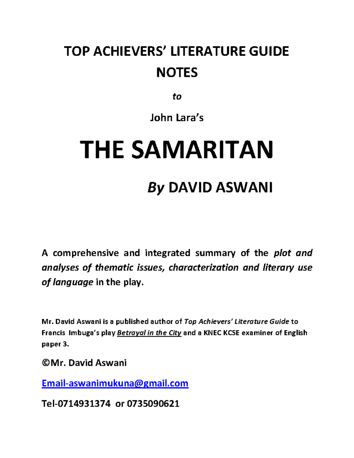 ACT ONE Scene I Sample Notes - TOP ACHIEVERS’ LITERATURE GUIDE NOTES to ...