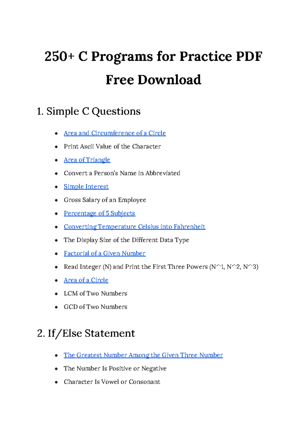 C Programs for Practice - Simple C Questions Area and Circumference of ...