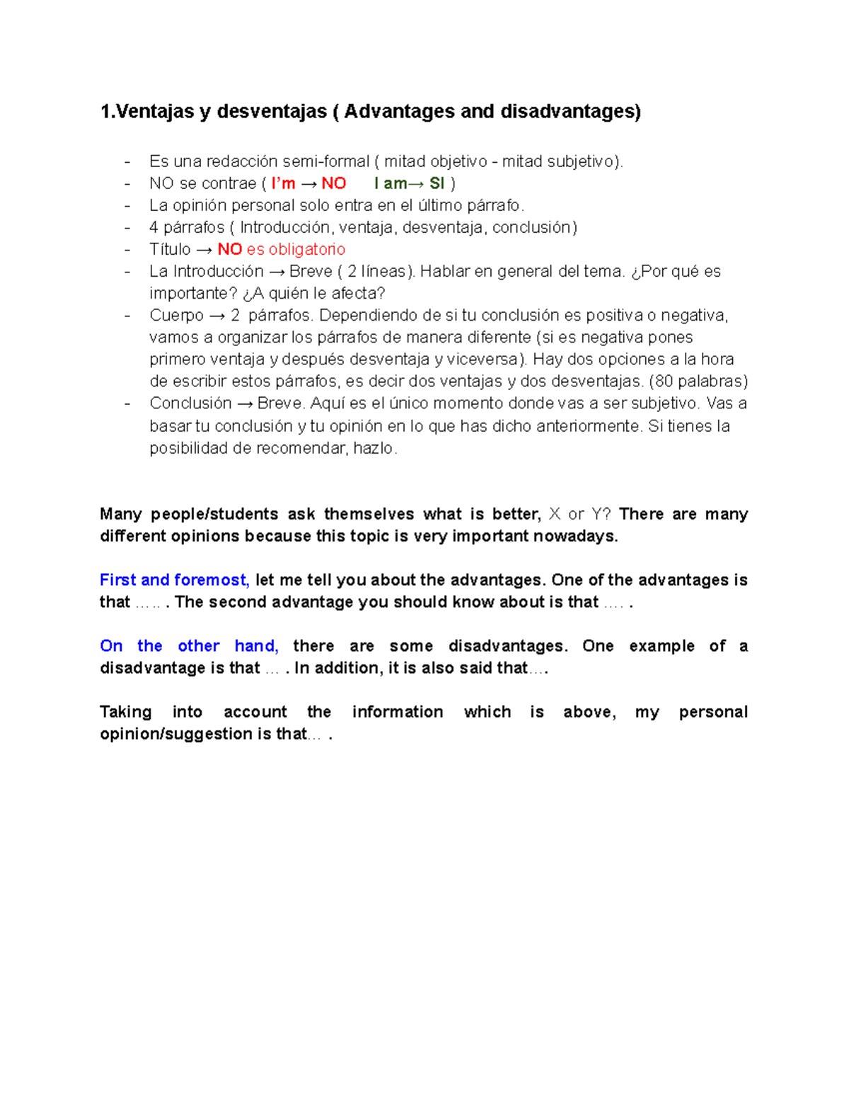 Plantillas writing selectividad - 1 y desventajas ( Advantages and ...