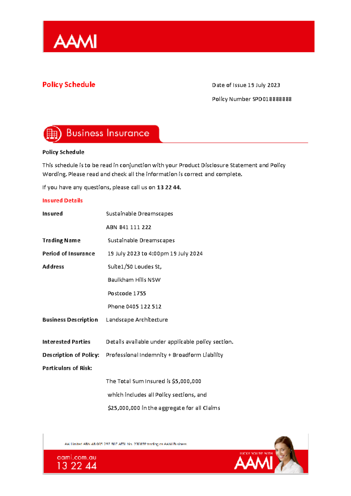 AAMI Business Insurance Policy Schedule SPD018888888 - Policy Schedule ...