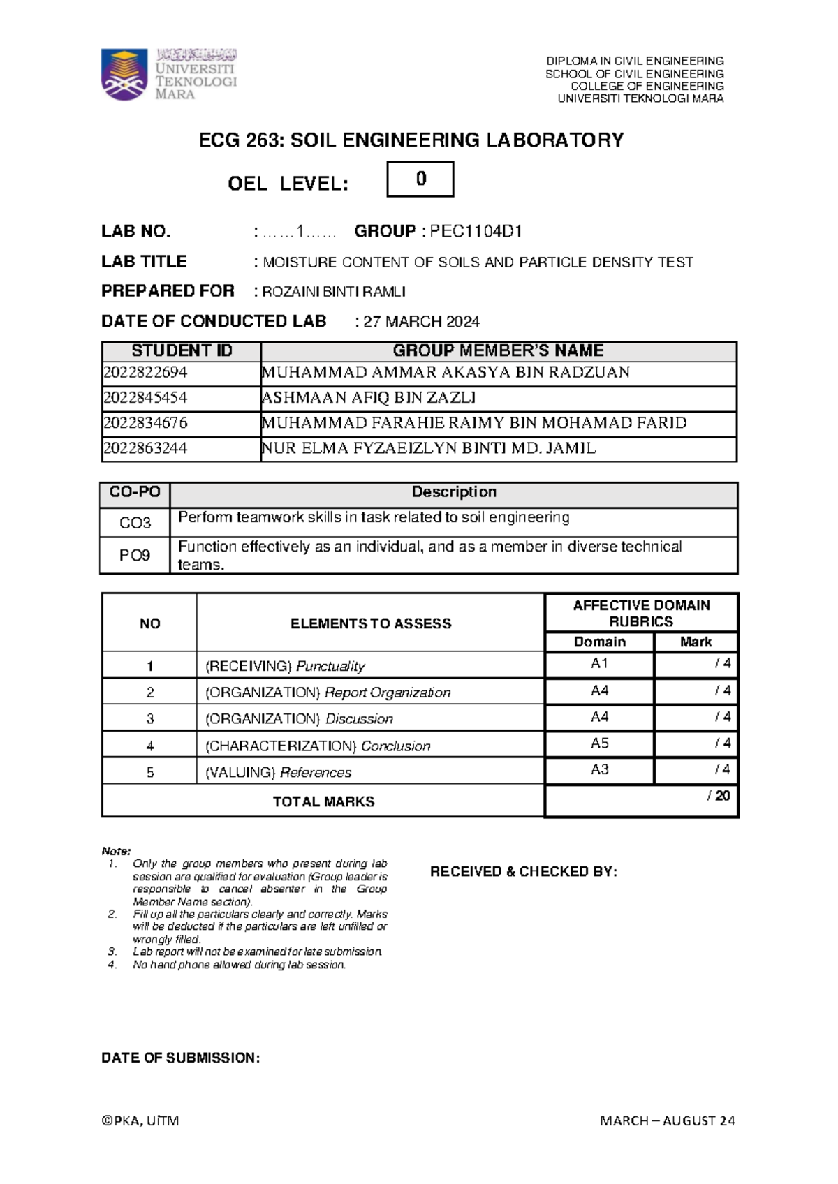 Ecg lab report moisture content - 0 DIPLOMA IN CIVIL ENGINEERING SCHOOL ...