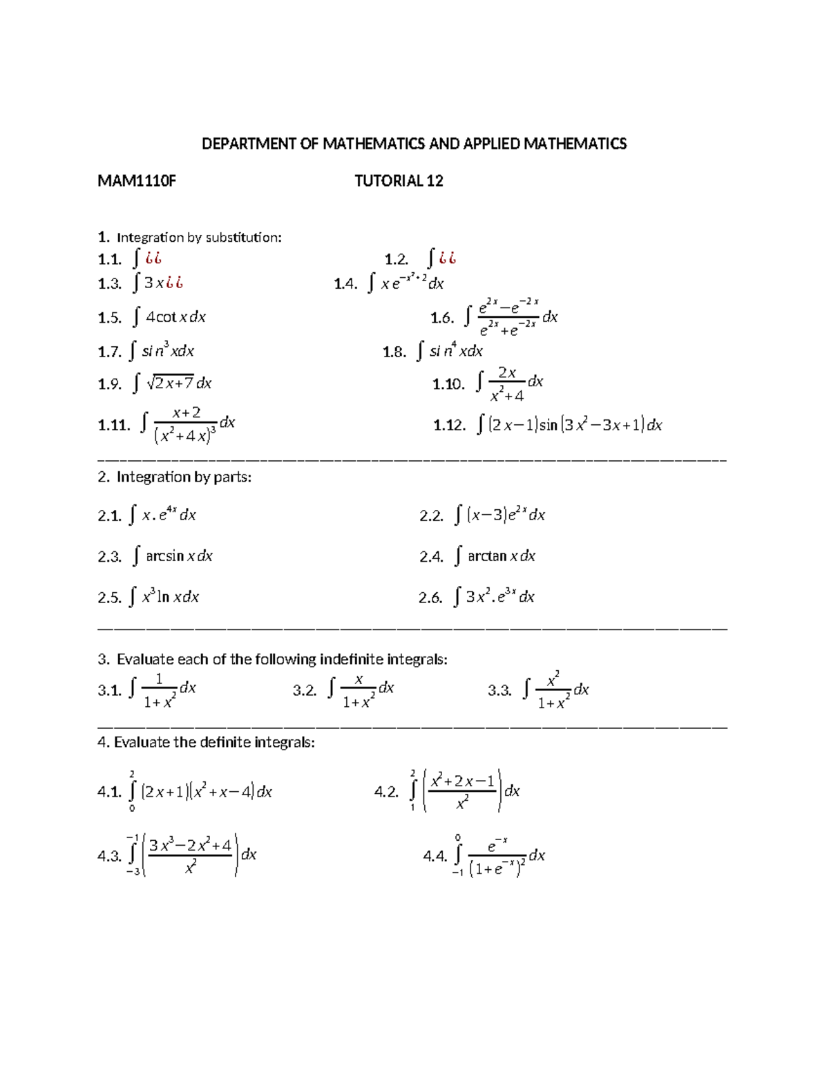 Tutorial 12 - DEPARTMENT OF MATHEMATICS AND APPLIED MATHEMATICS ...