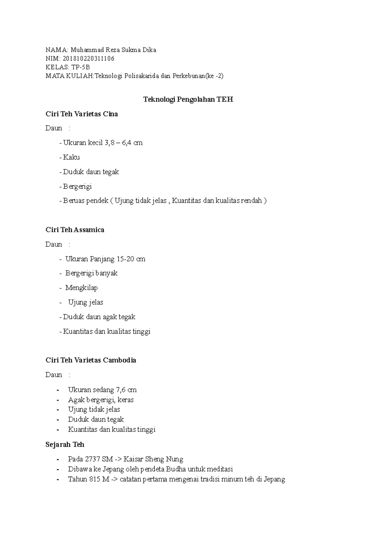 Catatan Sejarah Teh TPHP - NAMA: Muhammad Reza Sukma Dika NIM: 201810220311106 KELAS: TP-5B MATA ...