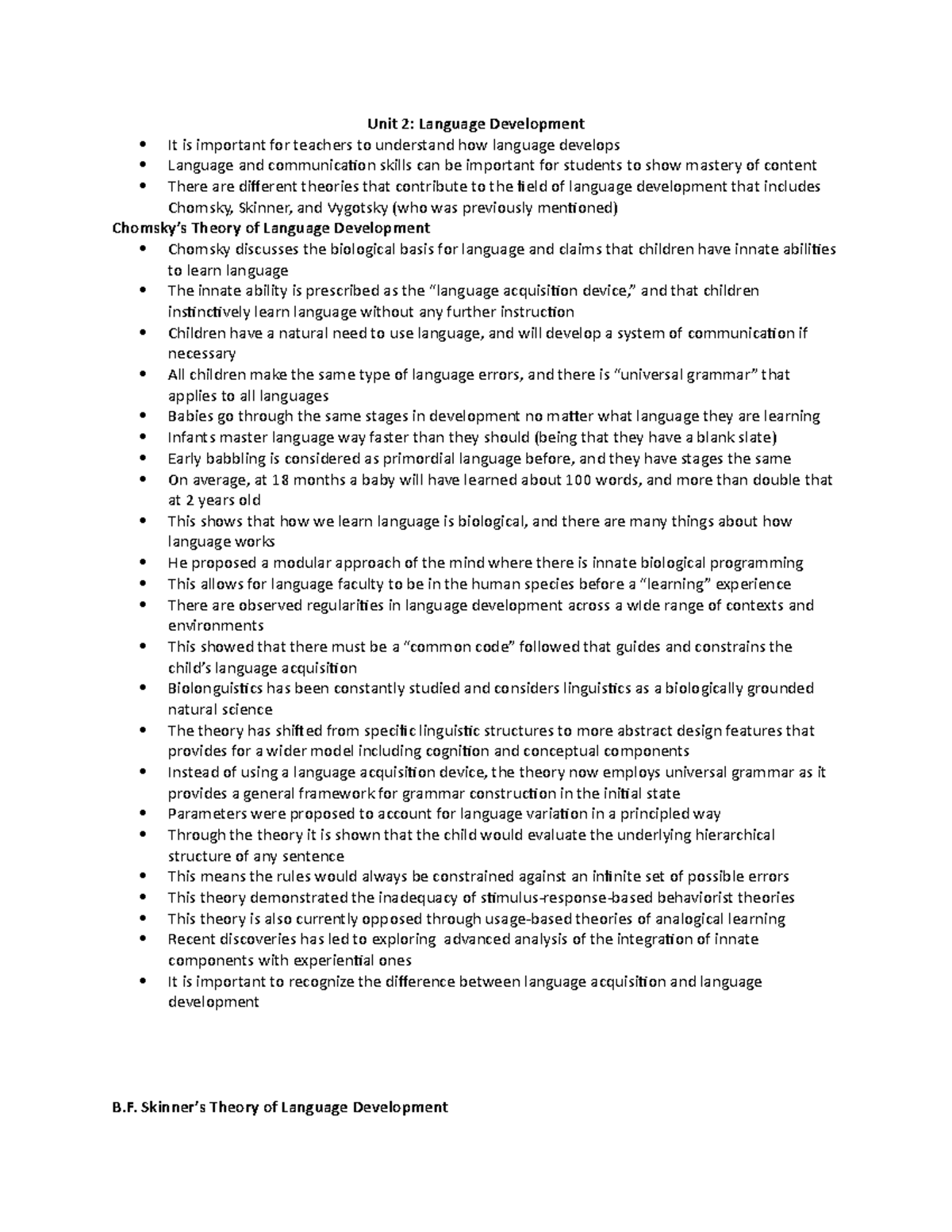 Unit 2 (Part IV) - Unit 2 Notes - Unit 2: Language Development It is ...
