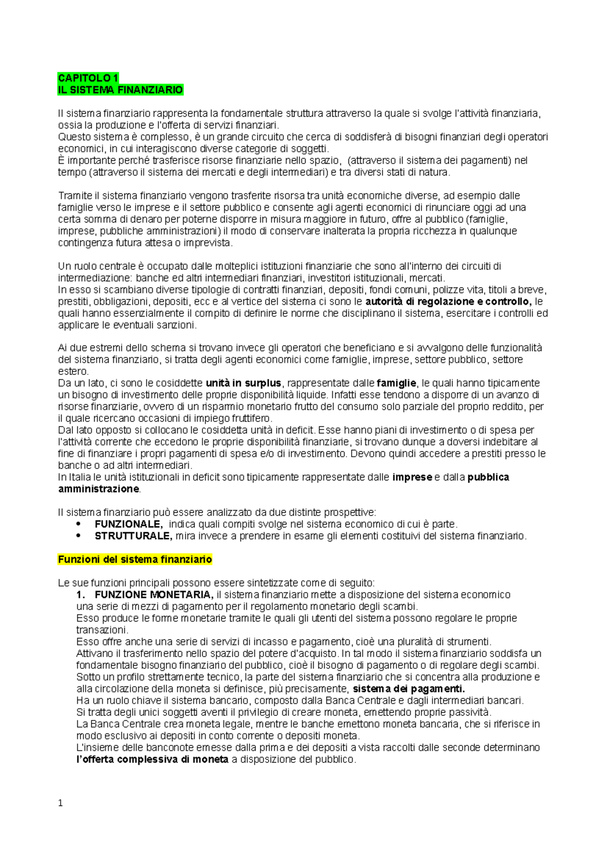 Riassunto - economia del sistema finanziario - CAPITOLO 1 IL SISTEMA ...