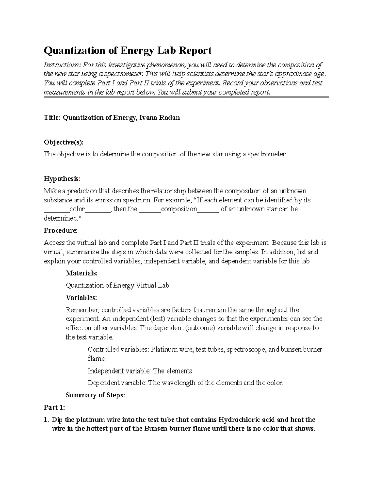 Quantization energy lab report-Ivana Radan - Quantization of Energy Lab ...