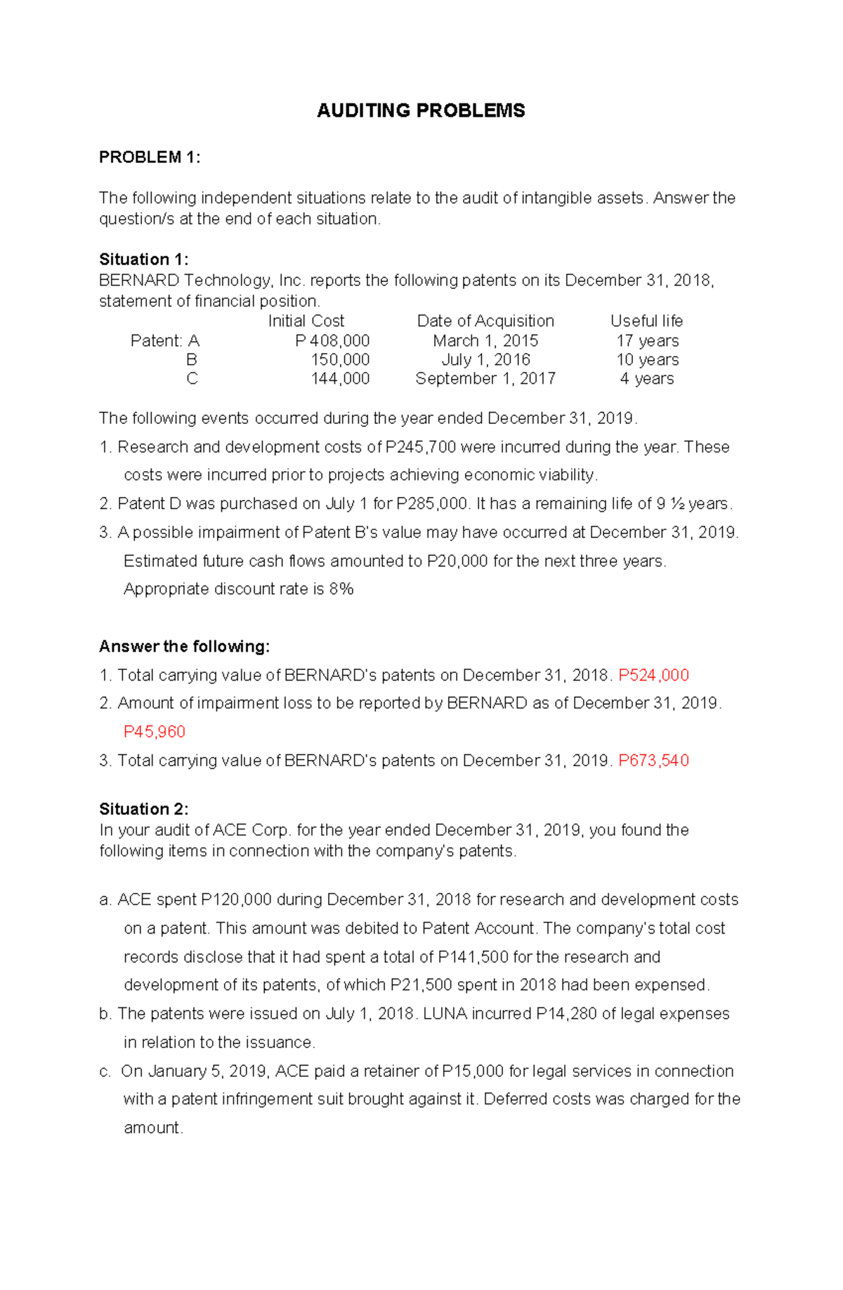 Intangible-assets compress - AUDITING PROBLEMS PROBLEM 1: The following independent situations ...